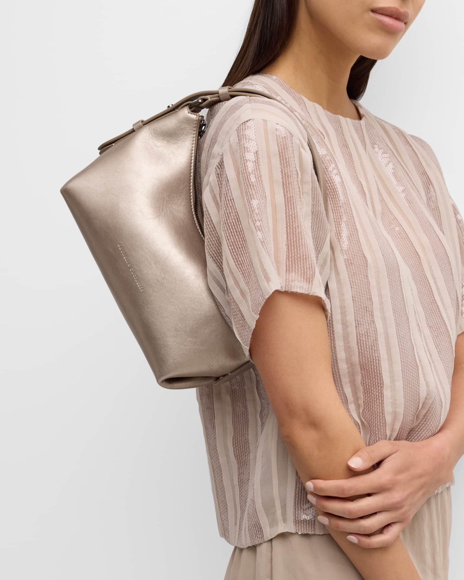 Brunello Cucinelli Zip Metallic Leather Shoulder Bag | Neiman Marcus