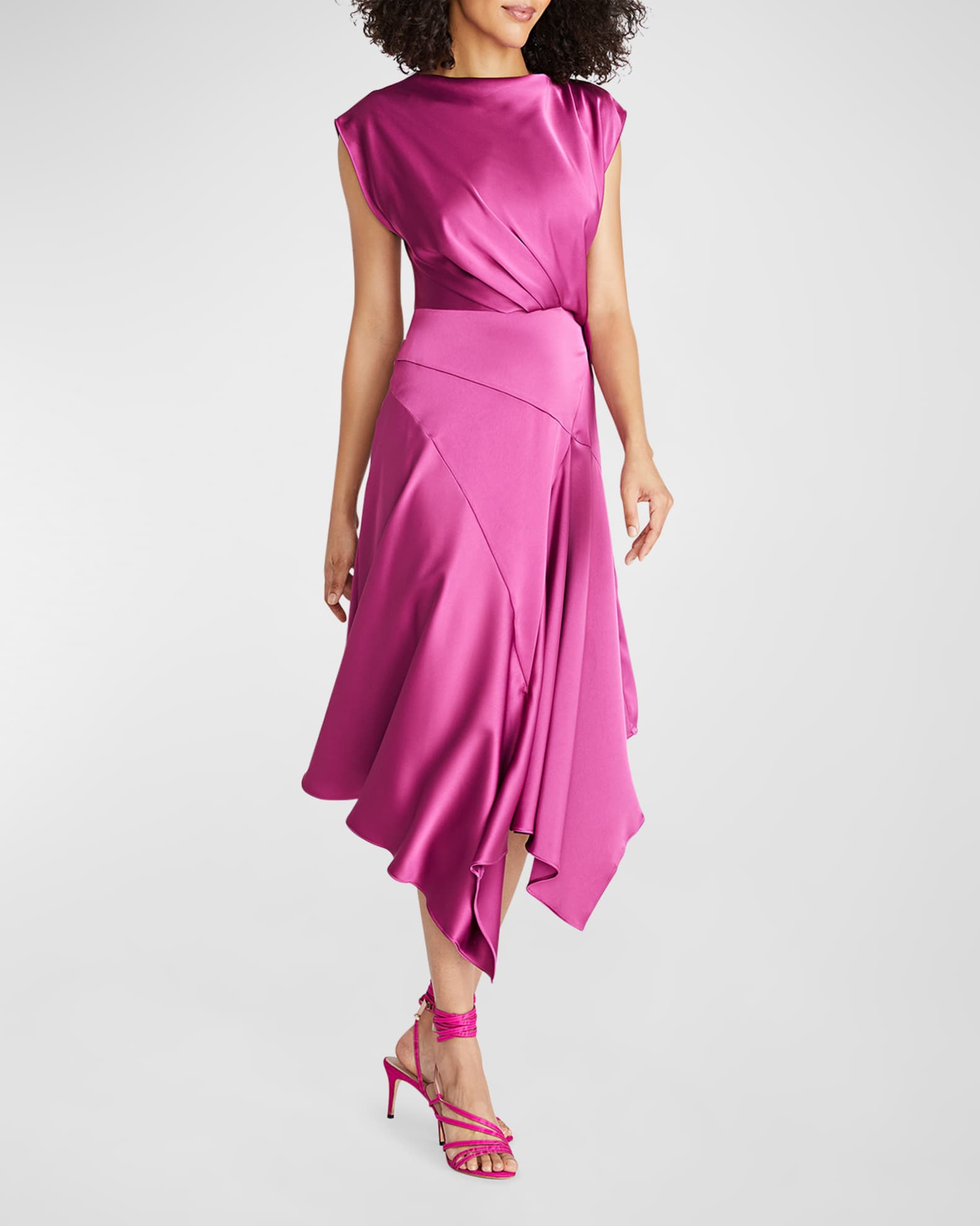 Theia Pleated Handkerchief Satin Midi Dress | Neiman Marcus