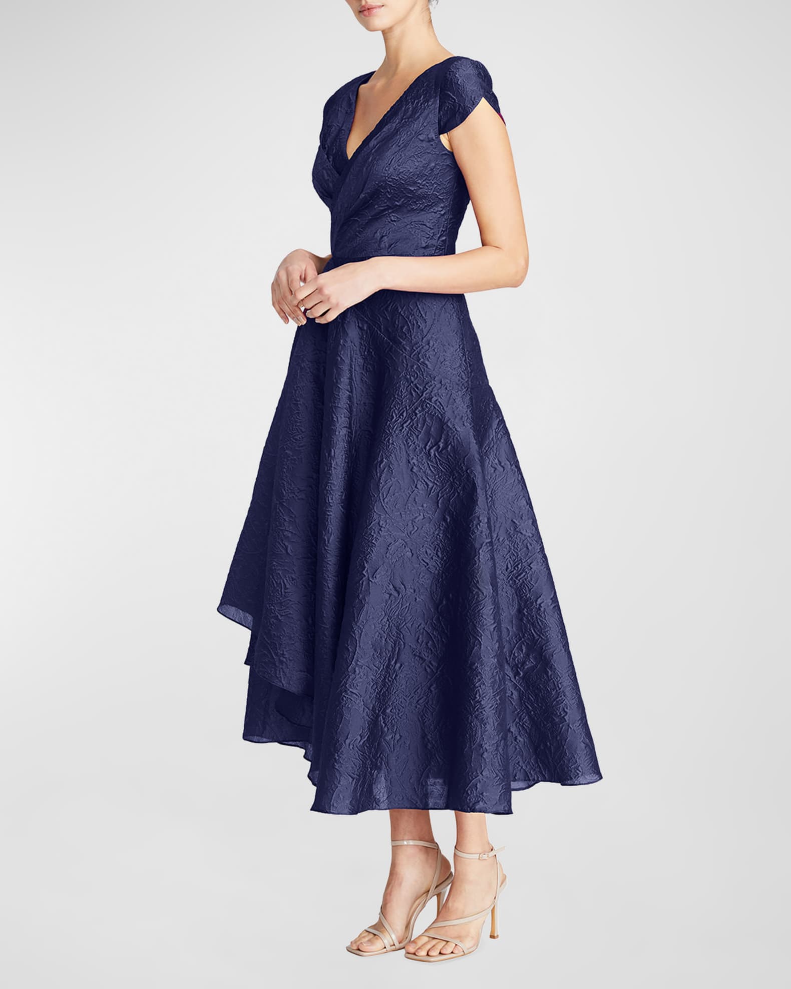 Theia Sevyn High-Low Pleated Jacquard Midi Dress | Neiman Marcus