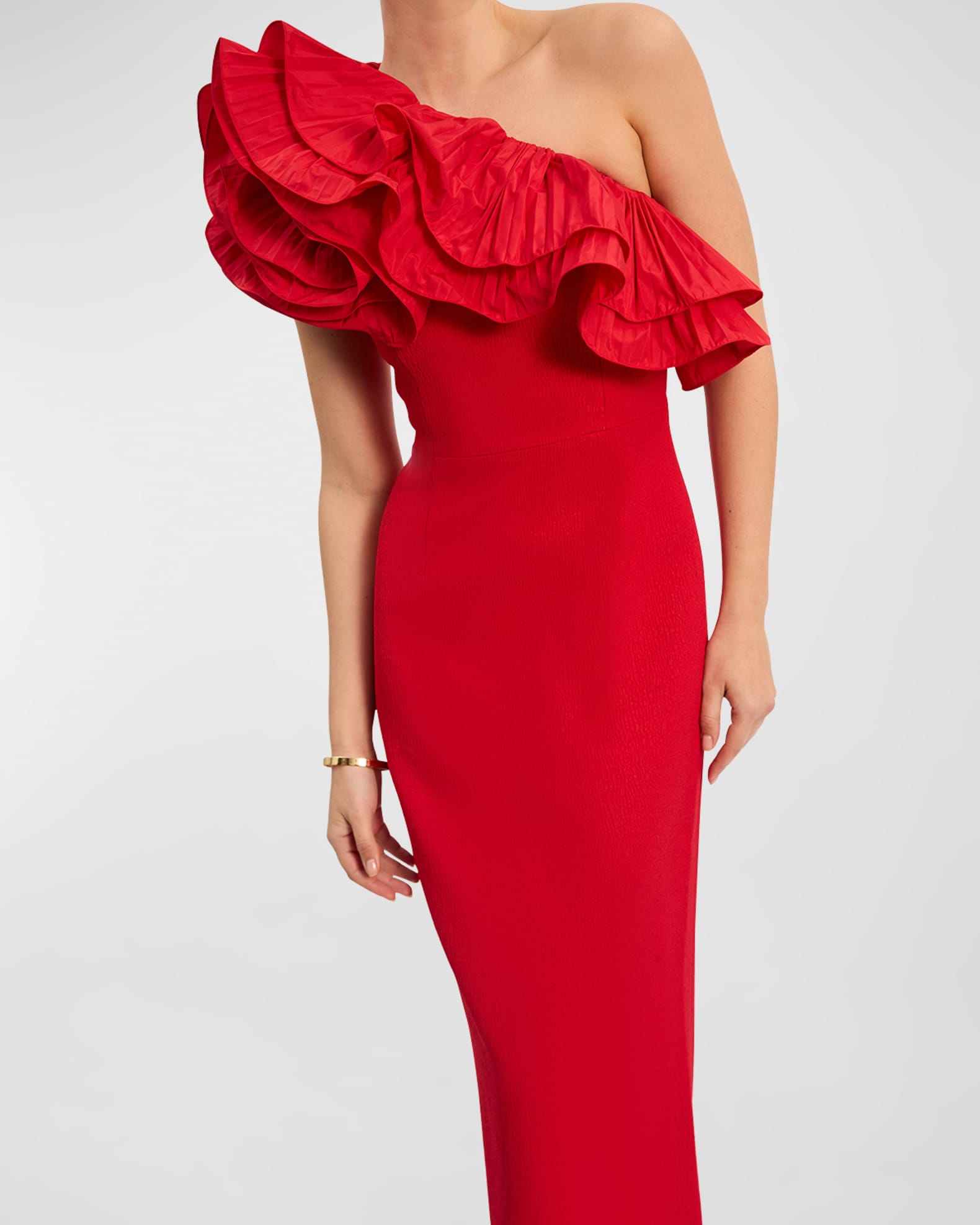 REBECCA VALLANCE Chiara One-Shoulder Ruffle Crepe Column Gown | Neiman ...