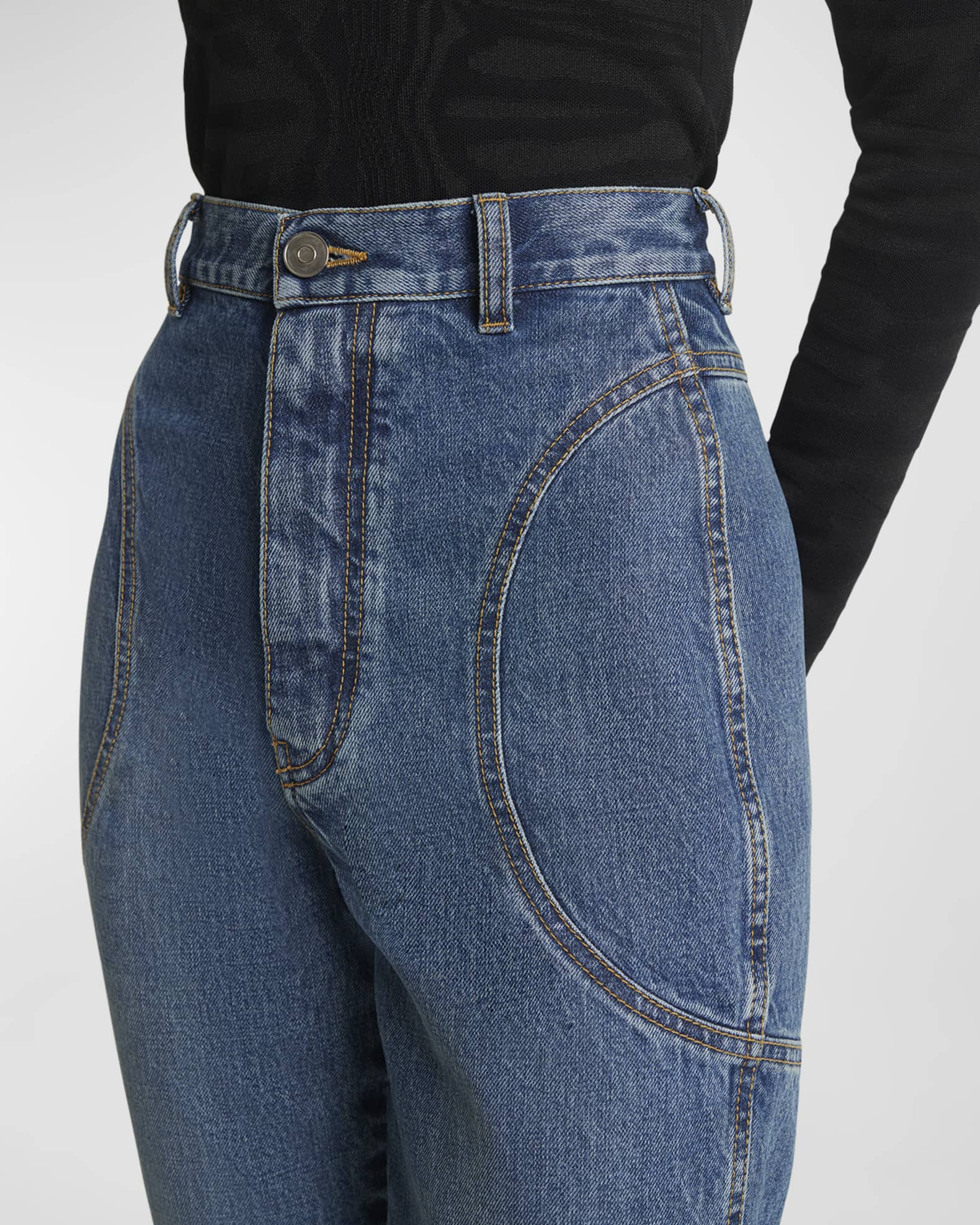 ALAIA High-Rise Circle-Yoke Slim-Leg Denim Pants | Neiman Marcus