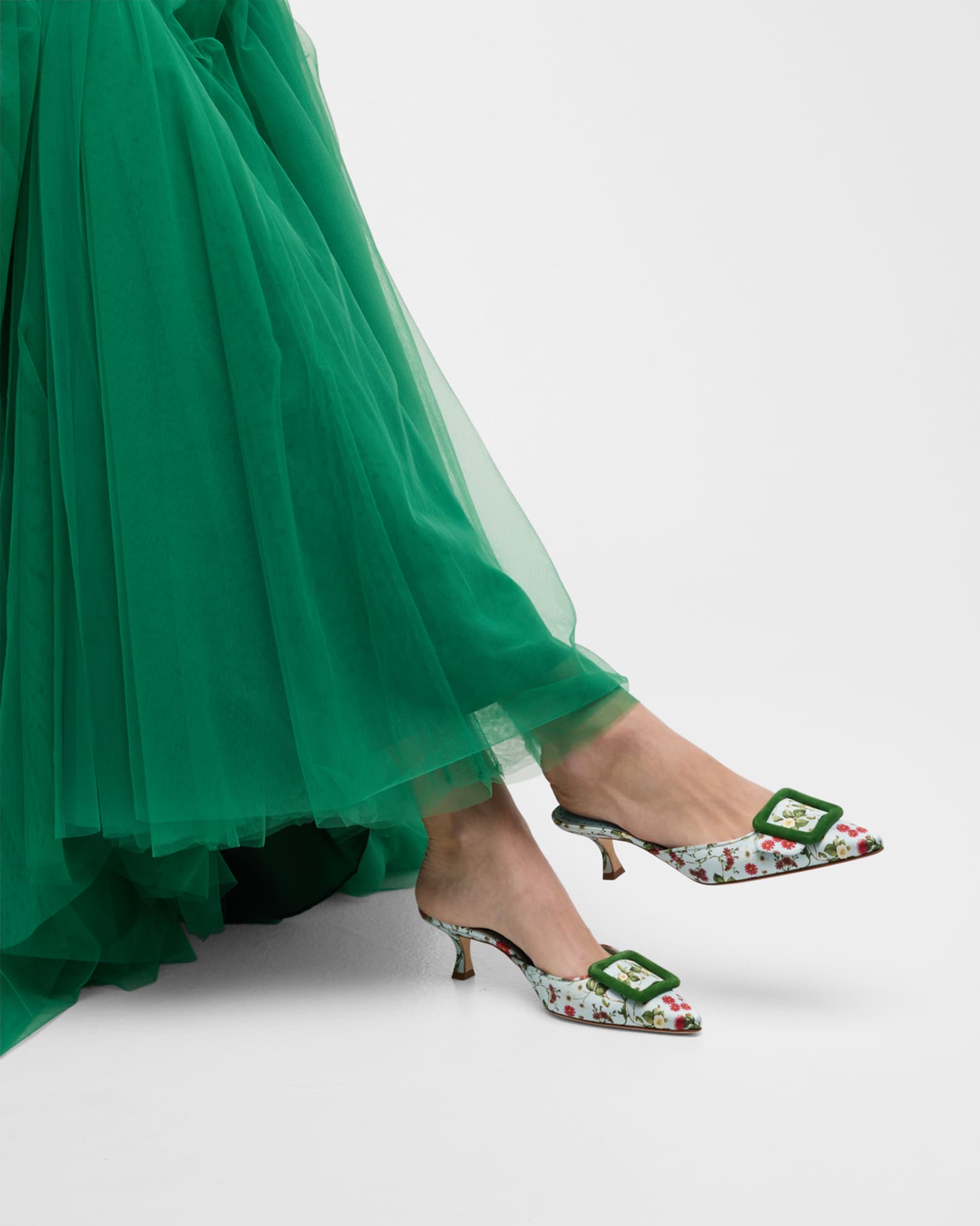 Manolo Blahnik Maysale Floral Silk Buckle Mules | Neiman Marcus