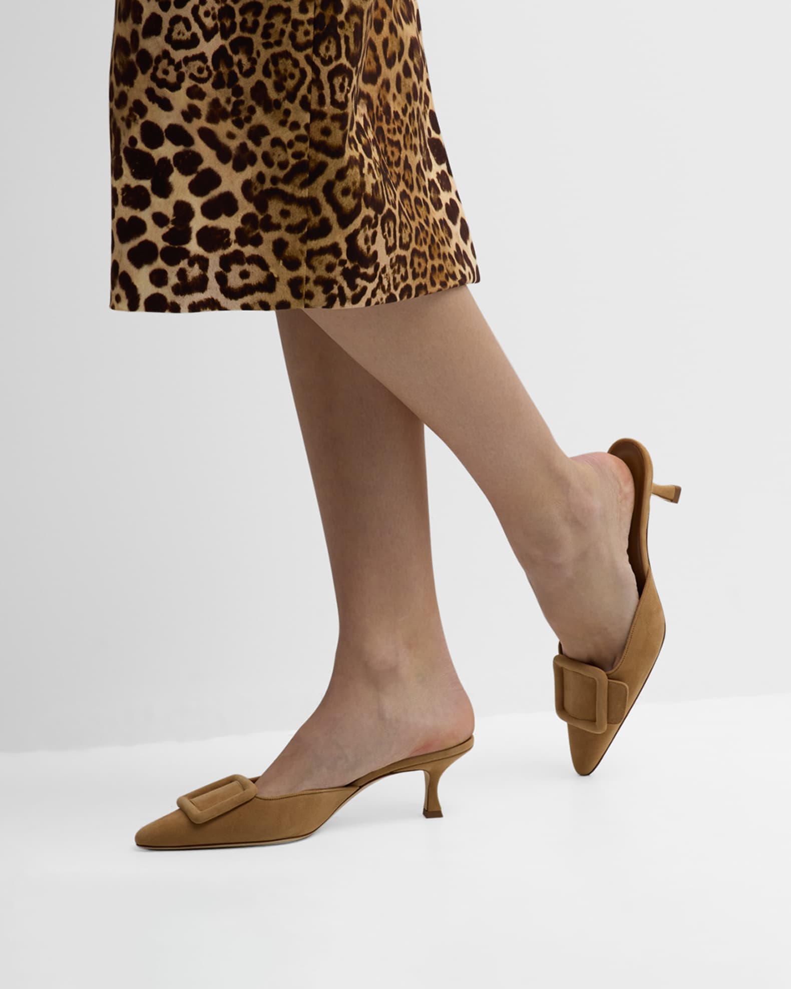 Manolo Blahnik Maysale Suede Buckle Mules | Neiman Marcus