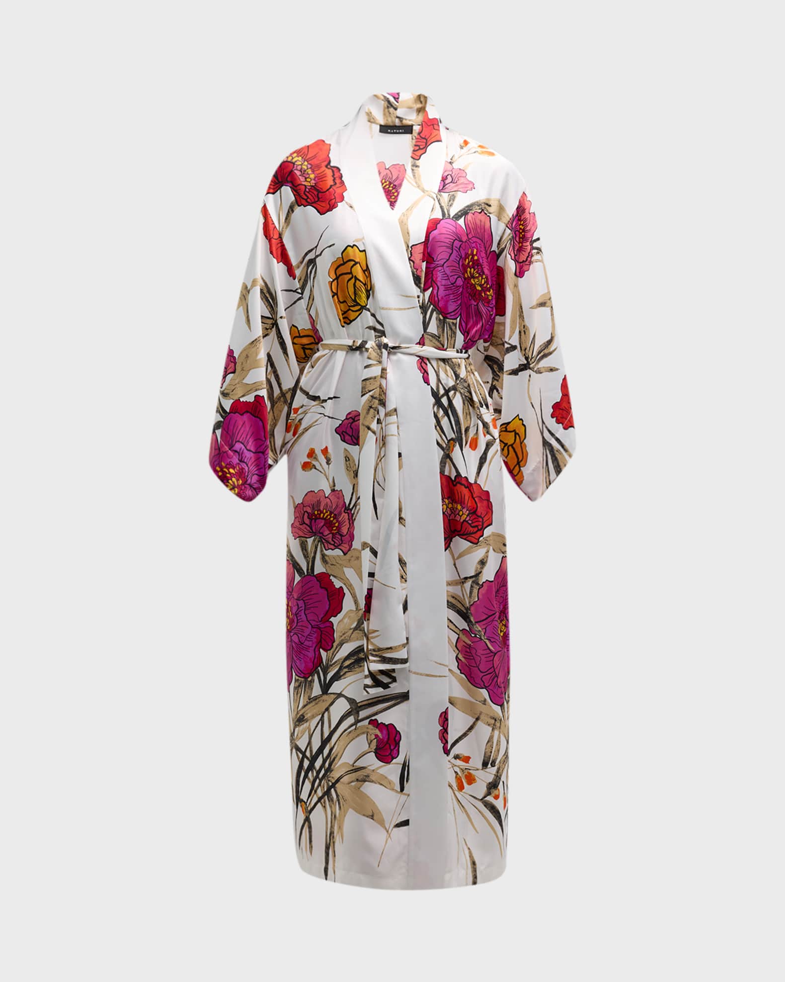 Natori Anais Floral-Print Kimono-Sleeve Charmeuse Robe | Neiman Marcus