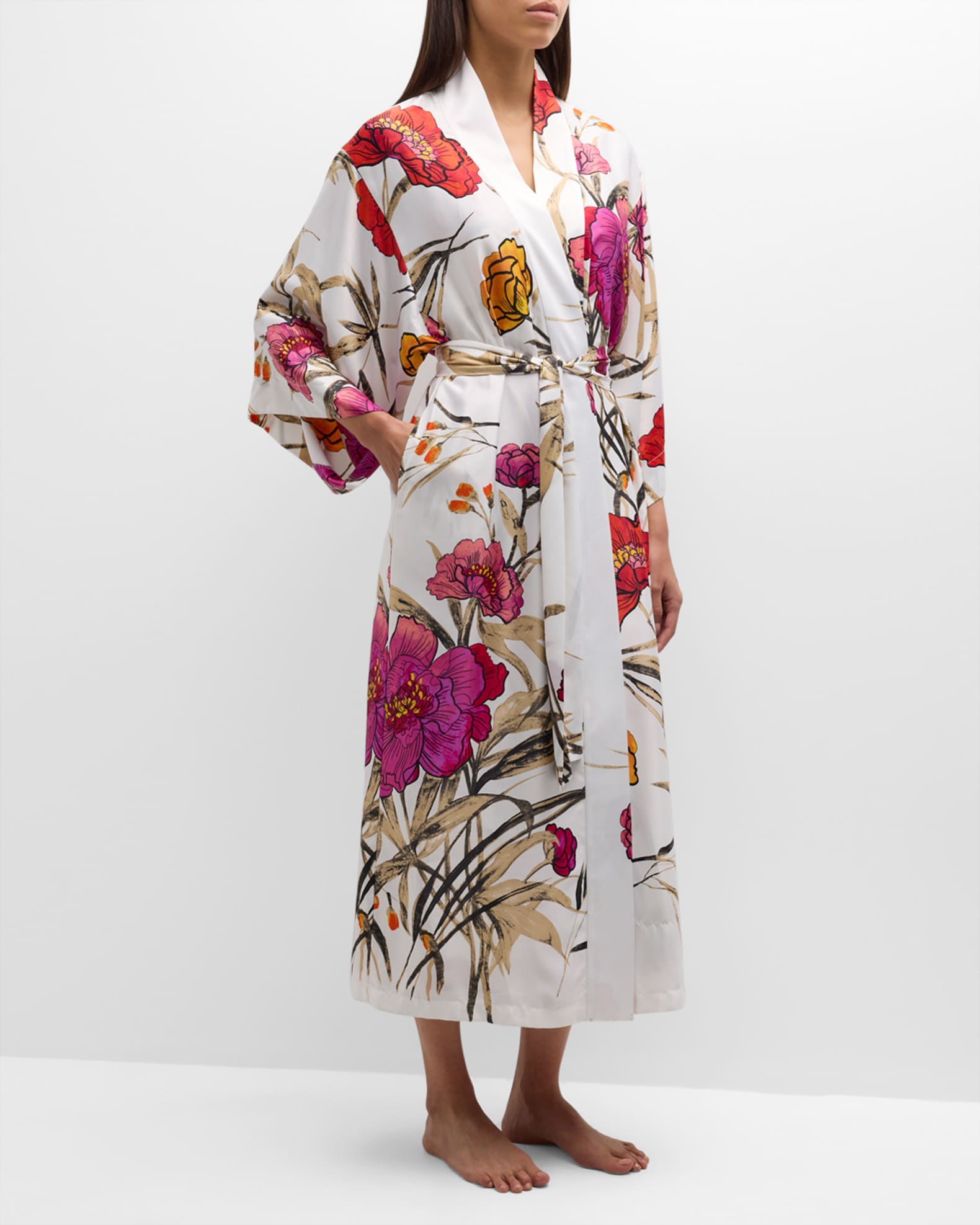 Natori Anais Floral-Print Kimono-Sleeve Charmeuse Robe | Neiman Marcus