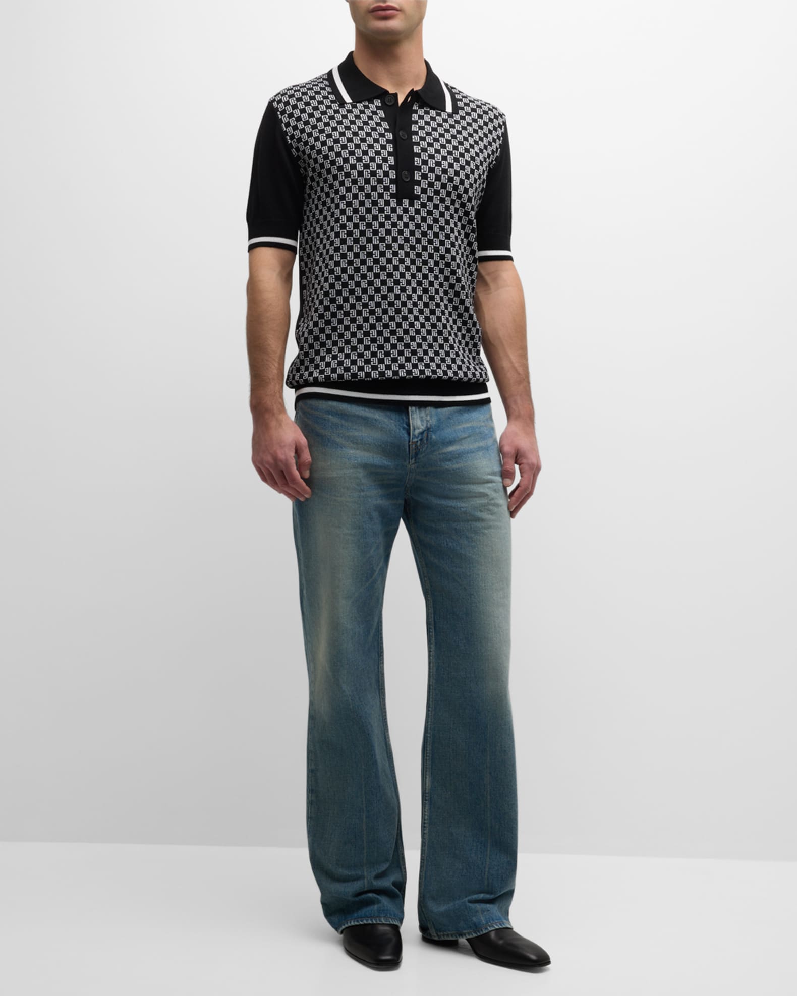 Balmain Men's Mini Monogram Wool Polo Shirt | Neiman Marcus
