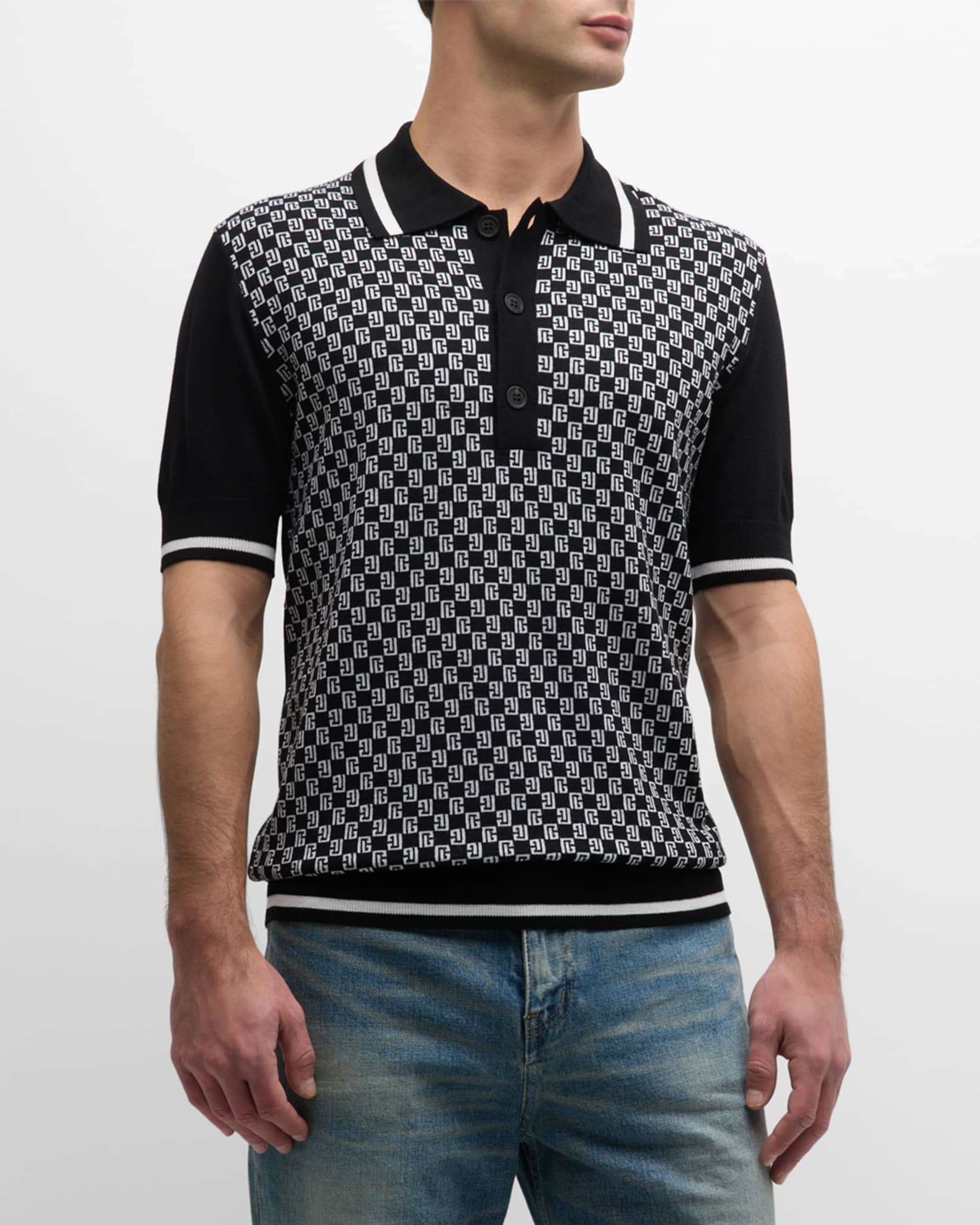 Balmain Men's Mini Monogram Wool Polo Shirt | Neiman Marcus