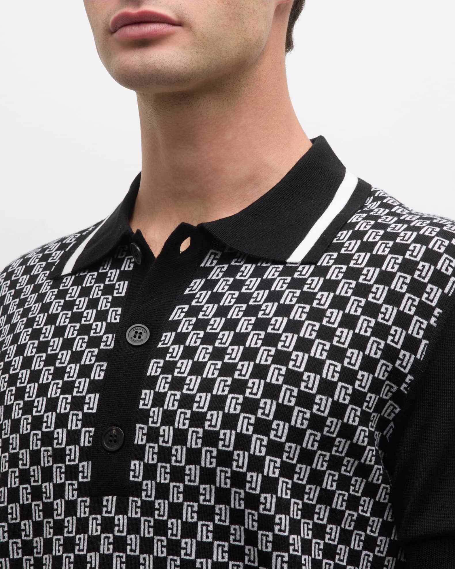 Balmain Men's Mini Monogram Wool Polo Shirt | Neiman Marcus