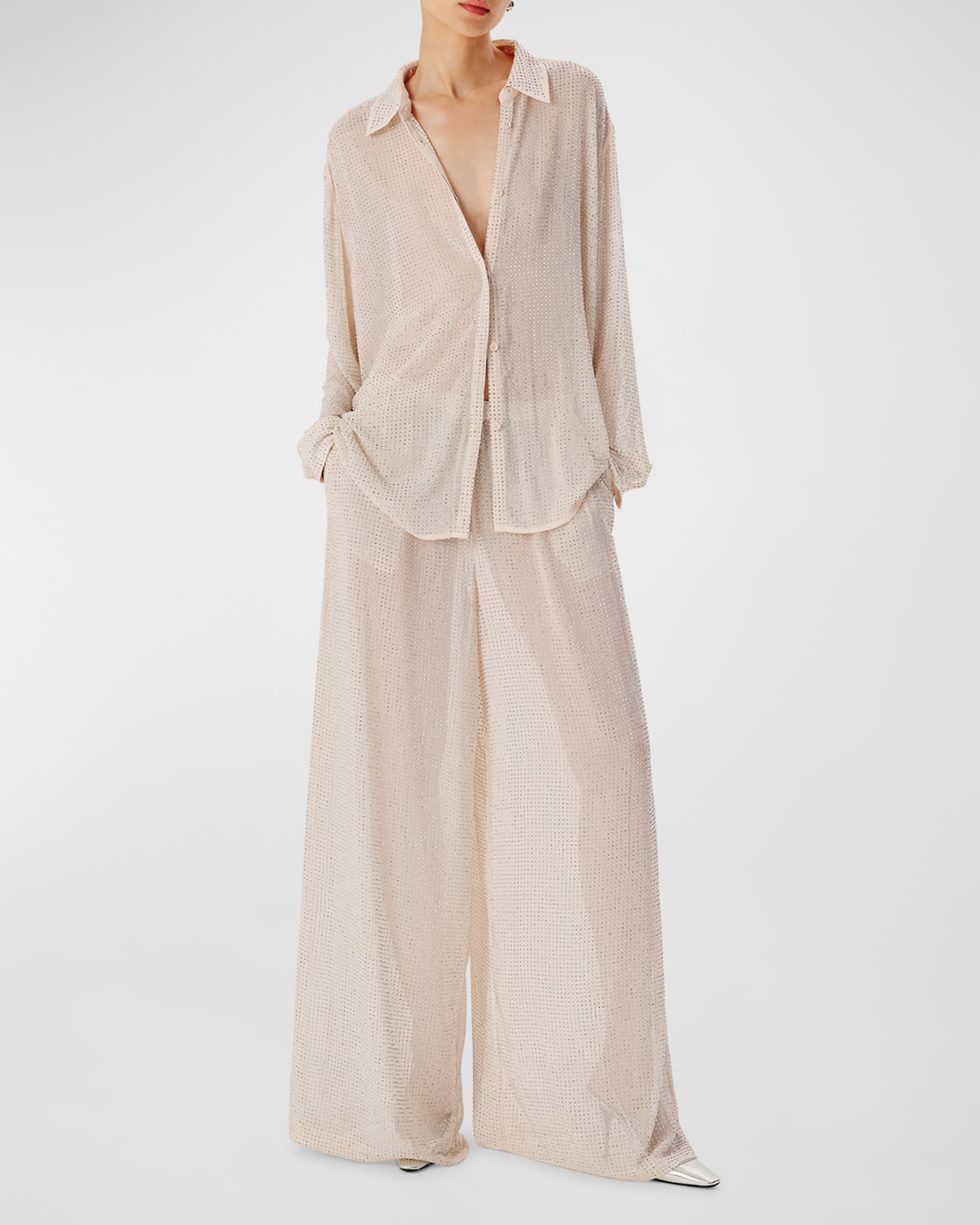 Ronny Kobo Merrin Wide-Leg Rhinestone Chiffon Pants | Neiman Marcus