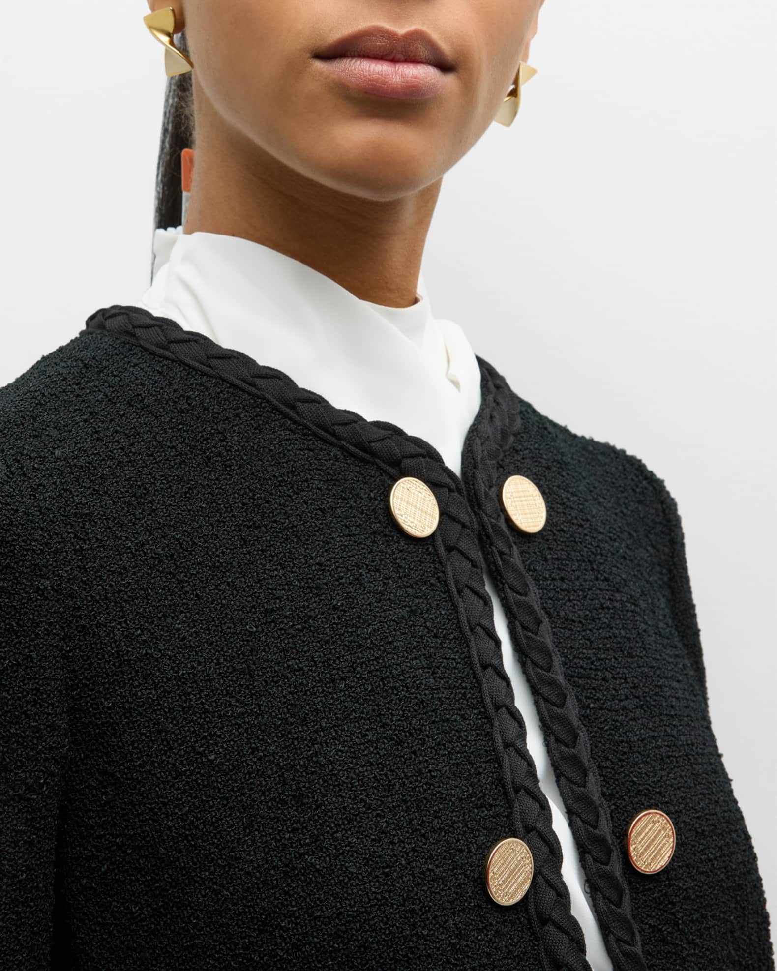 Misook Braided-Trim Button-Front Tweed Jacket | Neiman Marcus