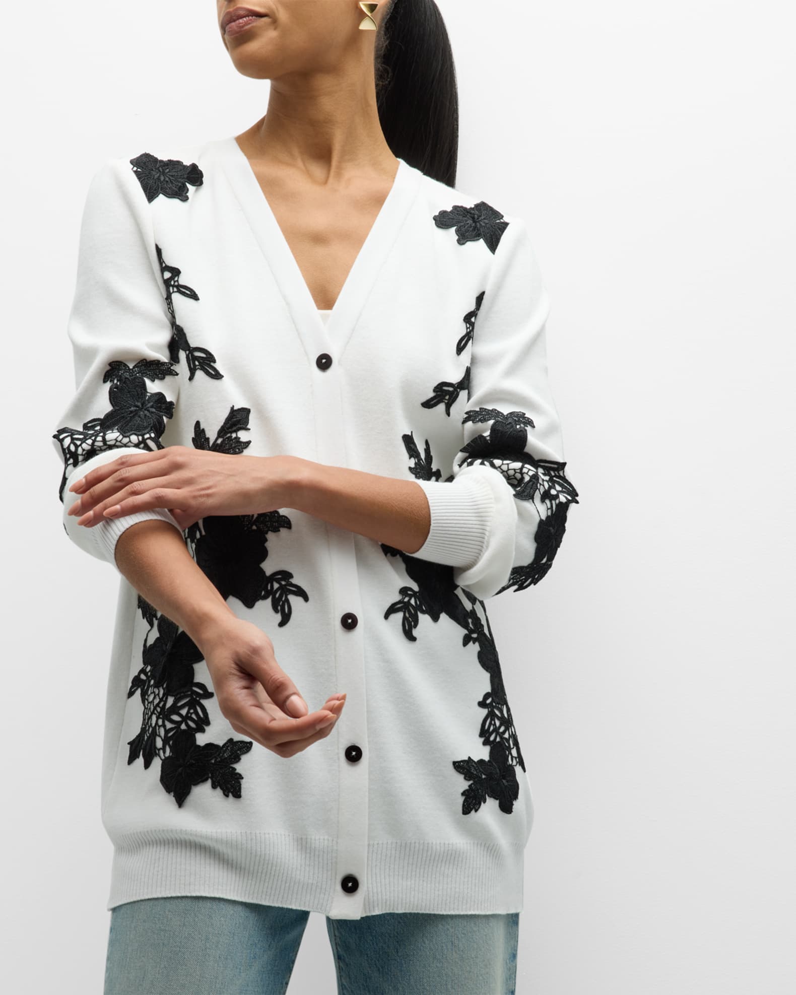 Misook Floral Applique Recycled Knit Cardigan | Neiman Marcus