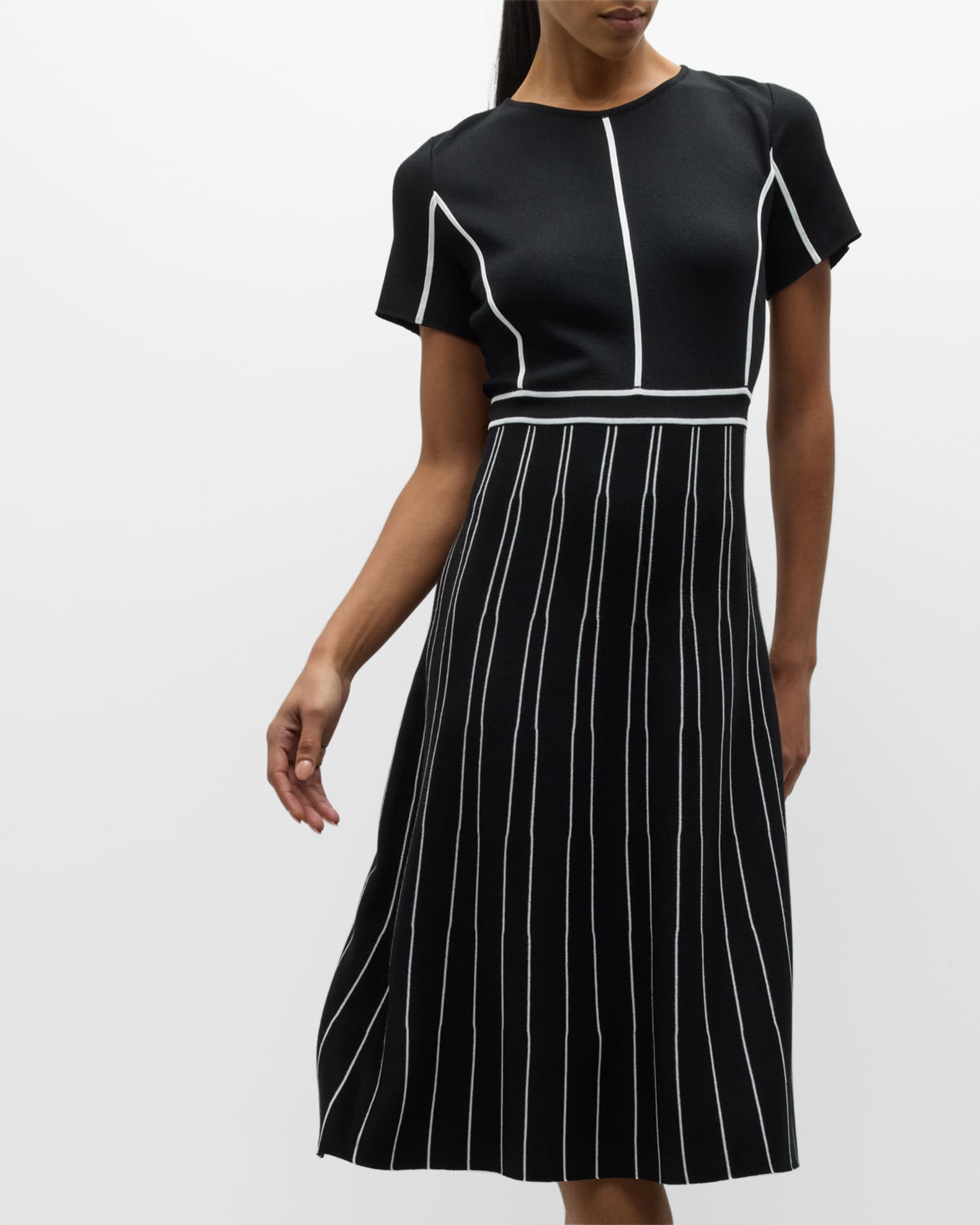 Misook Contrast Striped A-Line Soft Knit Midi Dress | Neiman Marcus