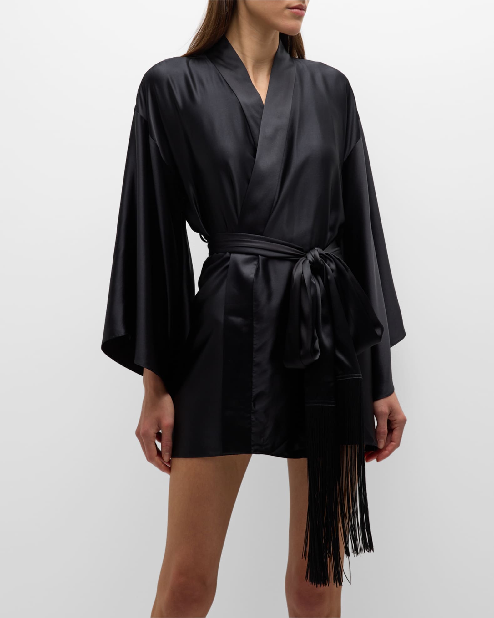 Kiki De Montparnasse Fringe-Trim Silk Mini Kimono Robe | Neiman Marcus
