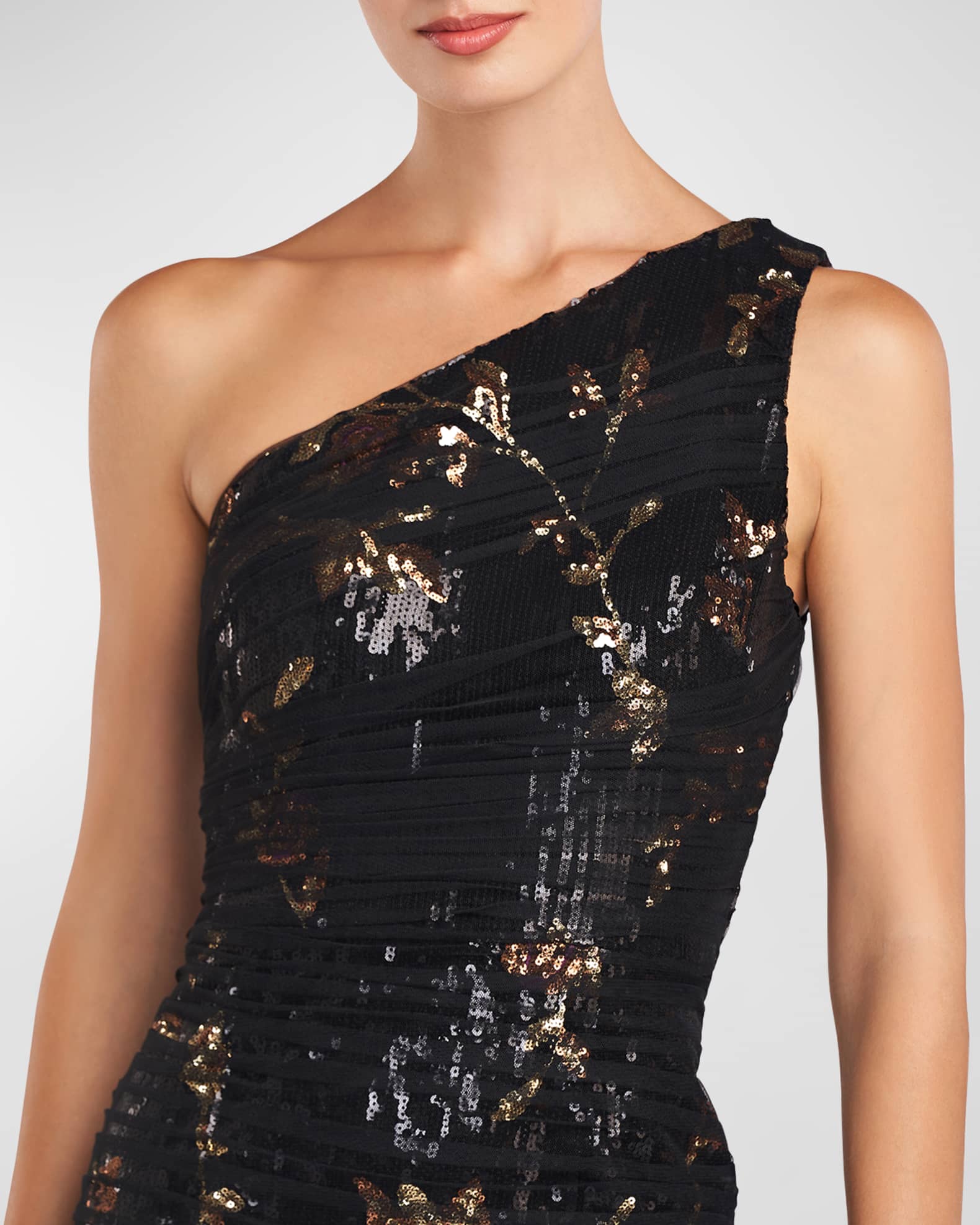 Halston Sharon One-Shoulder Sequin & Tulle Mini Dress | Neiman Marcus