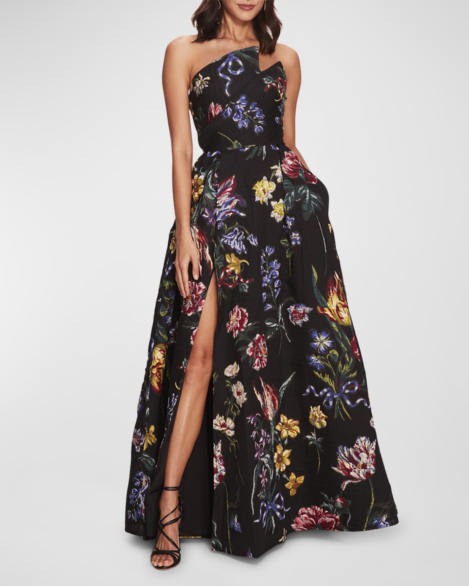 Marchesa Notte Strapless Pleated Floral Fil Coupe Gown | Neiman Marcus