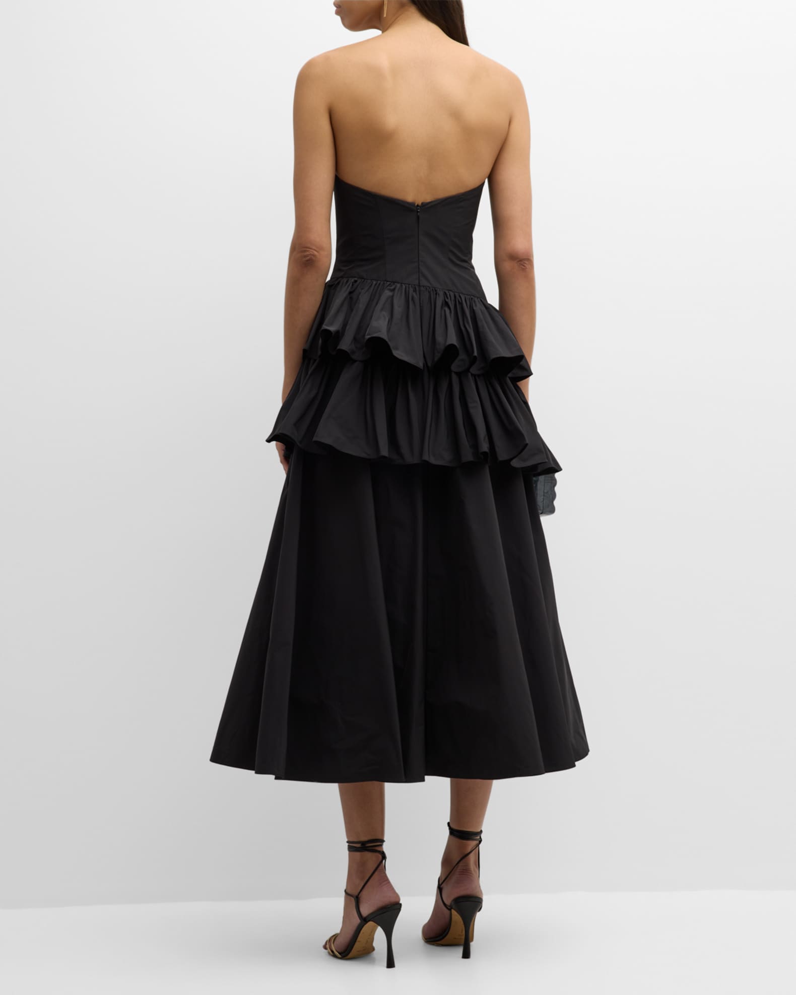Marchesa Notte Strapless Ruffle Taffeta Midi Dress | Neiman Marcus