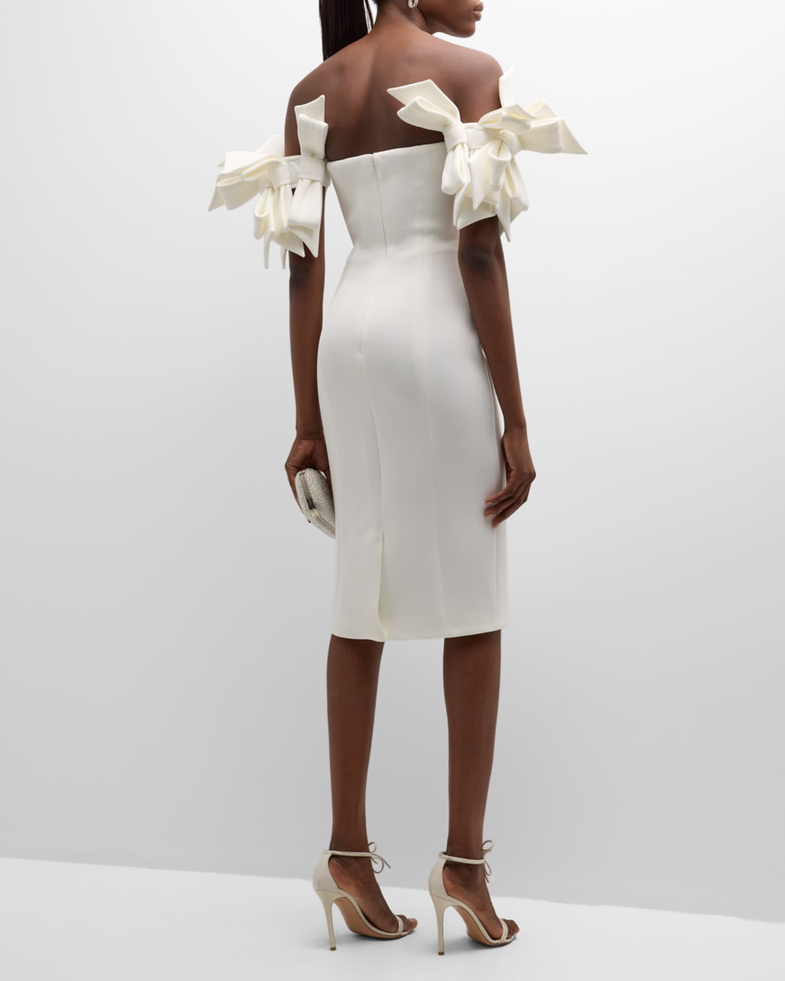 Jovani Off-Shoulder Bow-Embellished Midi Dress | Neiman Marcus