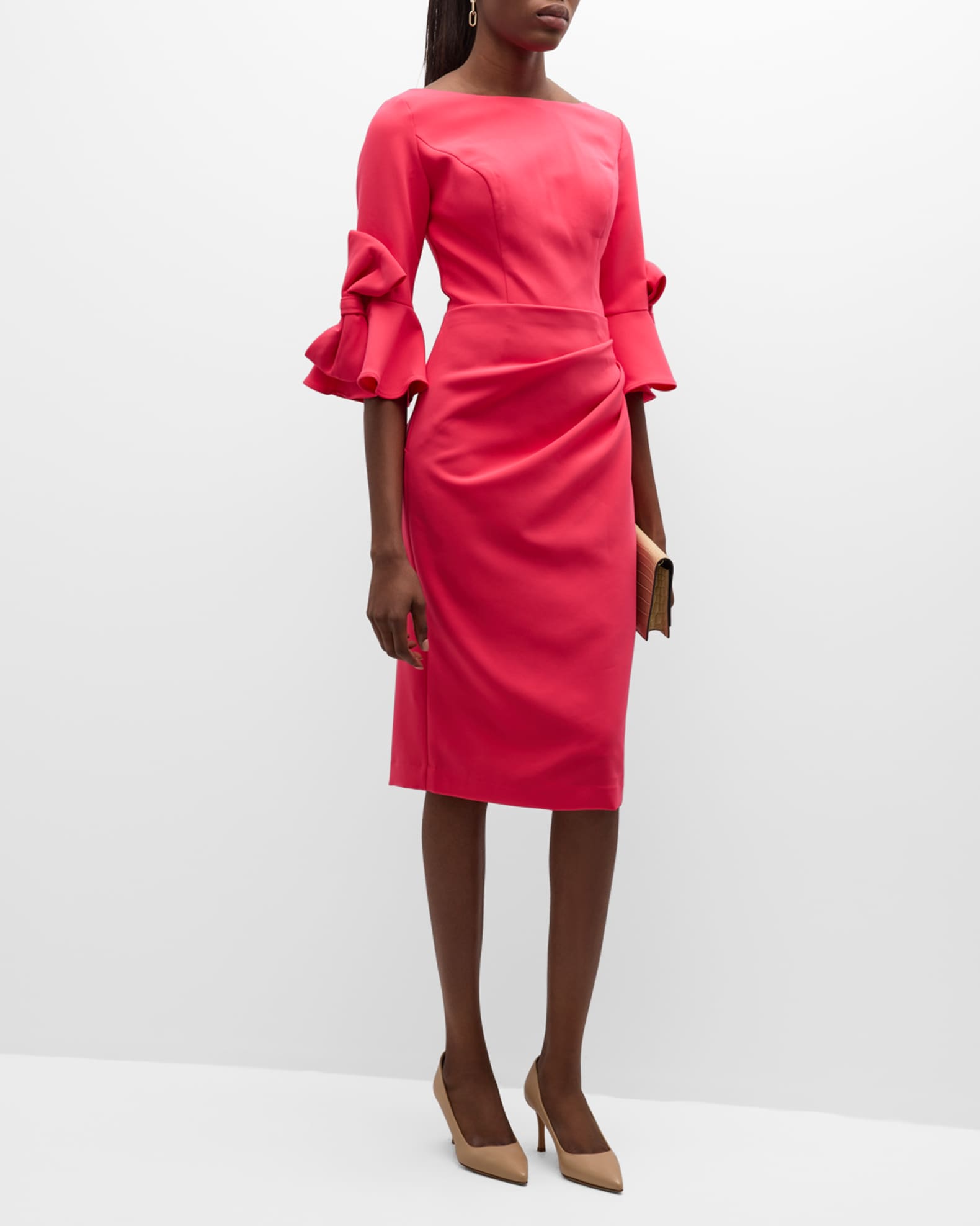 Jovani Pleated Bell-Sleeve Bow-Embellished Midi Dress | Neiman Marcus