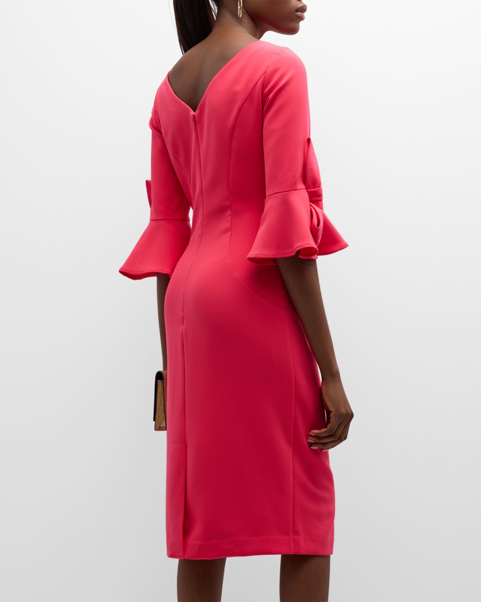 Jovani Pleated Bell-Sleeve Bow-Embellished Midi Dress | Neiman Marcus