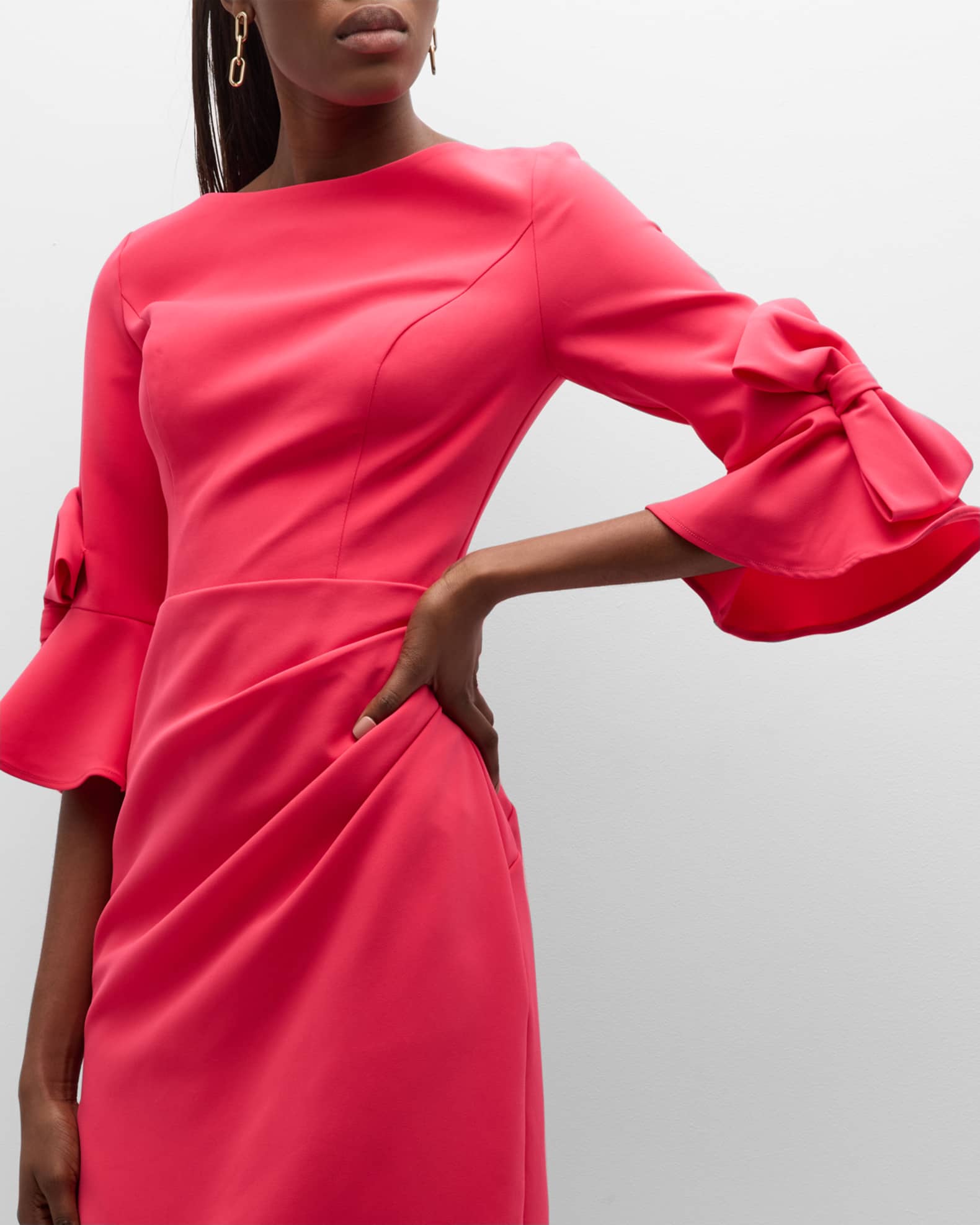 Jovani Pleated Bell-Sleeve Bow-Embellished Midi Dress | Neiman Marcus