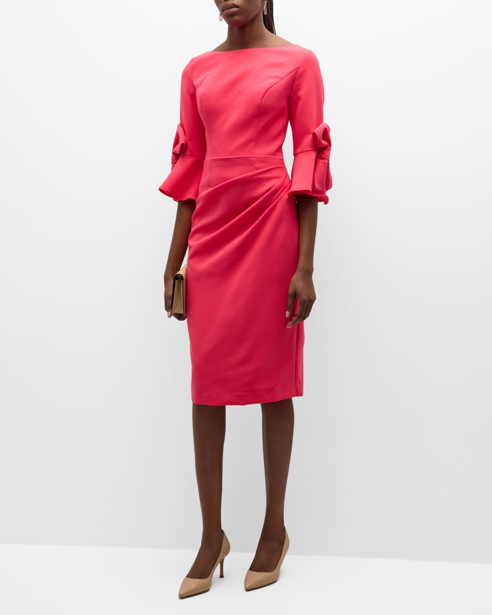 Jovani Pleated Bell-Sleeve Bow-Embellished Midi Dress | Neiman Marcus