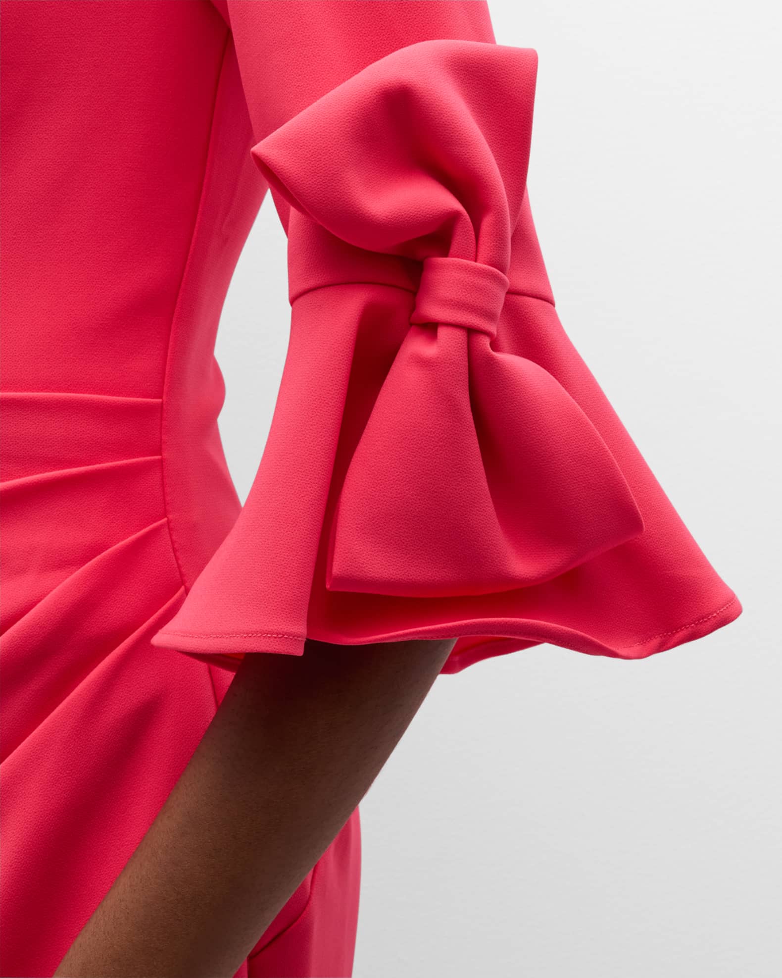 Jovani Pleated Bell-Sleeve Bow-Embellished Midi Dress | Neiman Marcus