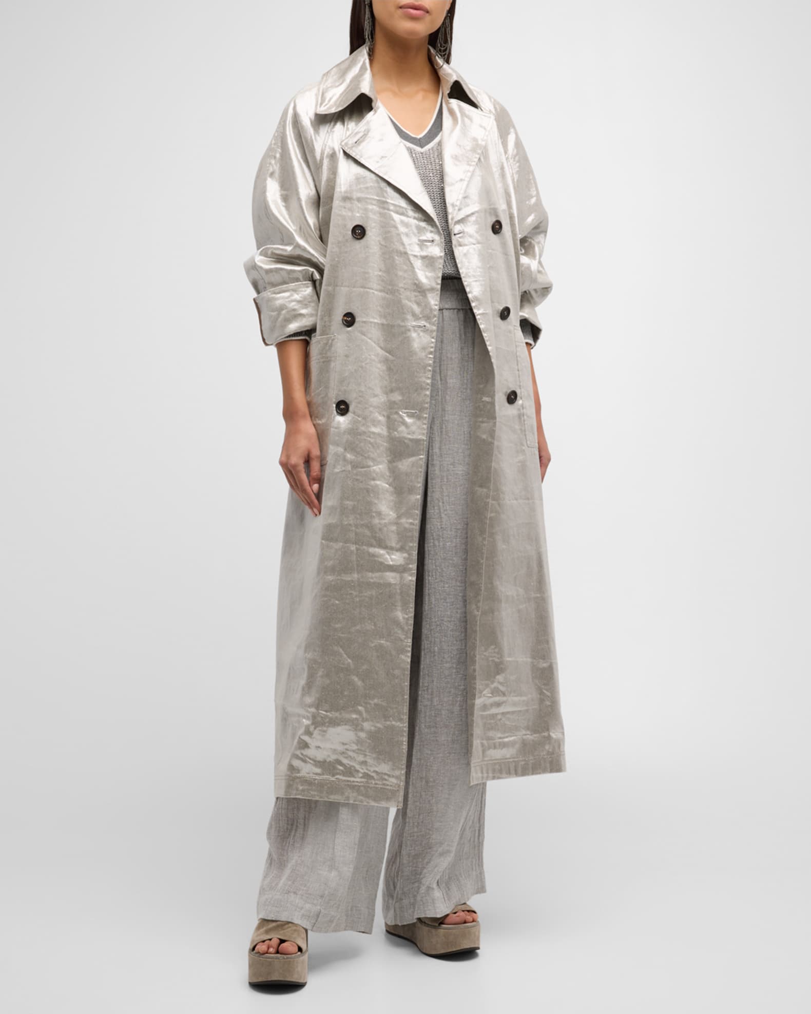 Brunello Cucinelli Metallic Linen Double-Breasted Long Trench Coat ...