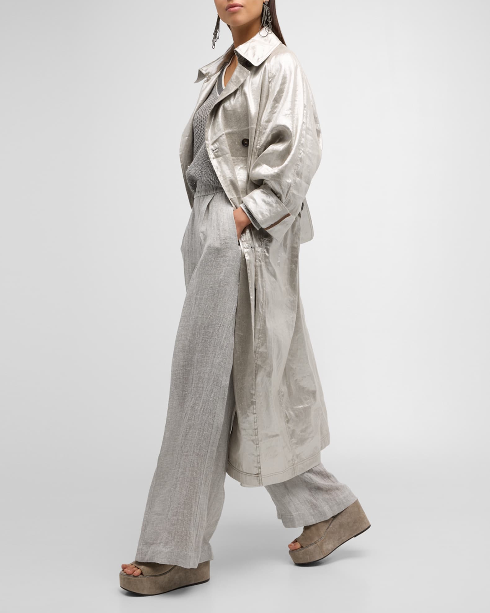 Brunello Cucinelli Metallic Linen Double-Breasted Long Trench Coat ...
