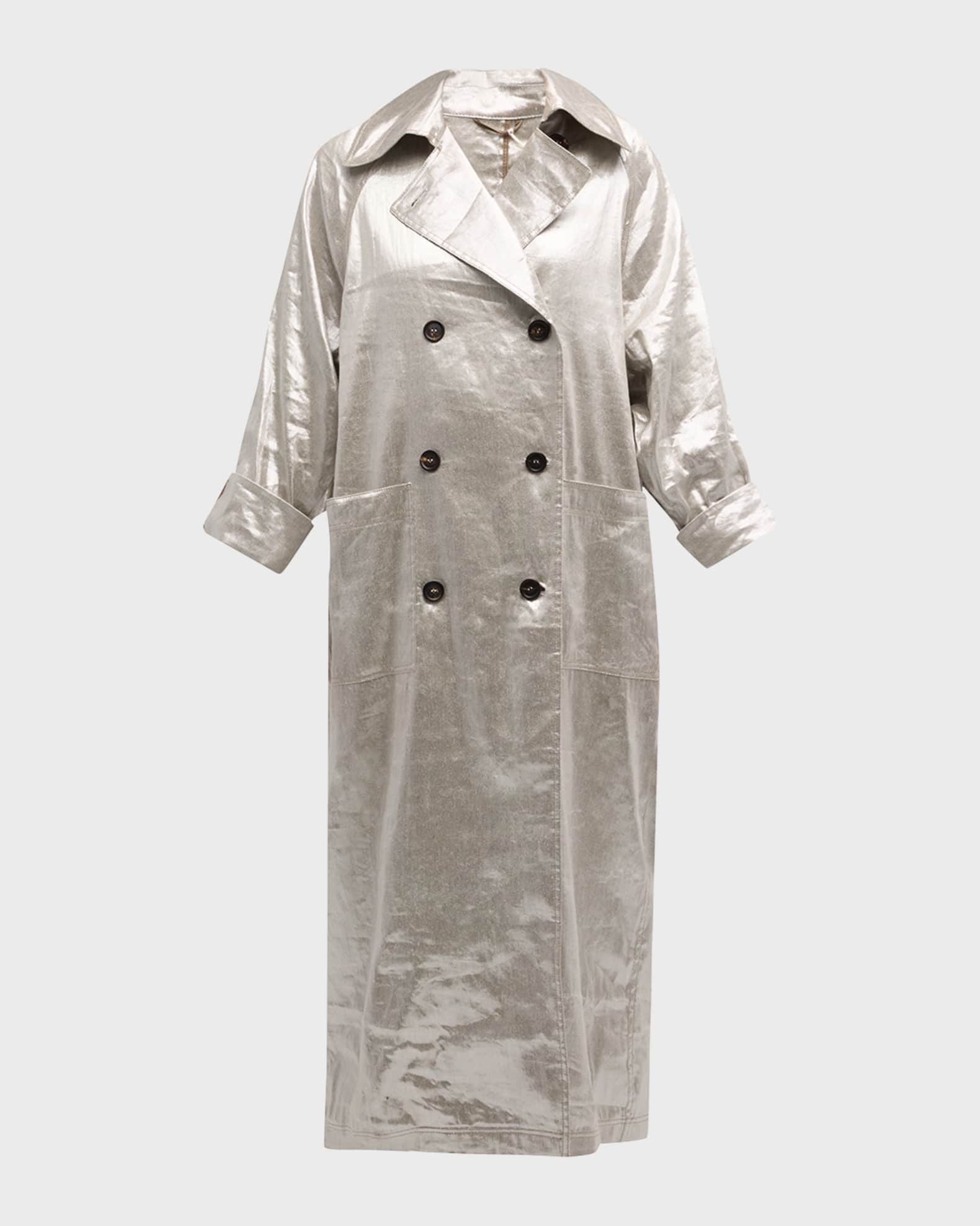 Brunello Cucinelli Metallic Linen Double-Breasted Long Trench Coat ...