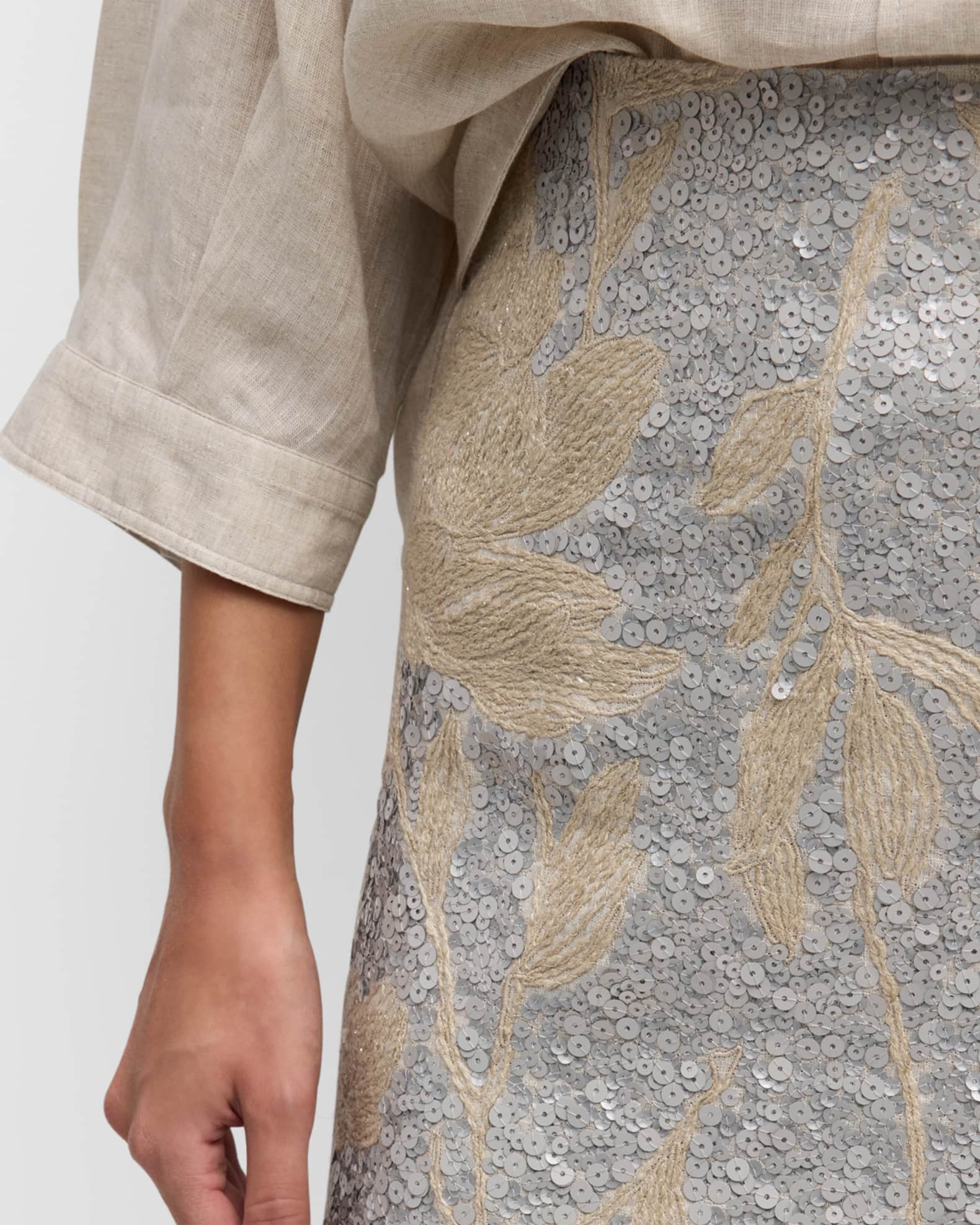 Brunello Cucinelli Linen Midi Skirt with Paillette Magnolia Embroidery ...
