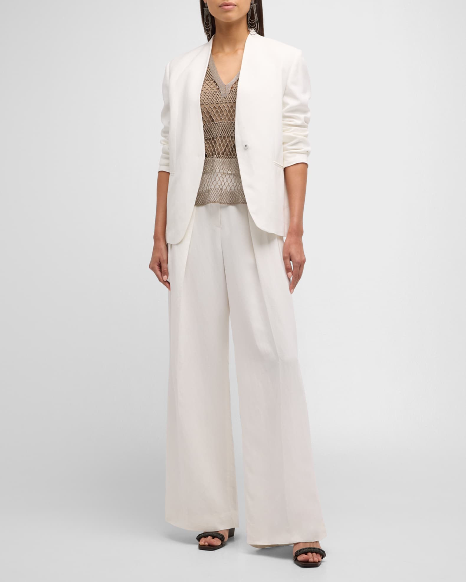 Brunello Cucinelli Linen-Blend Blazer Jacket with Crispy Organza ...