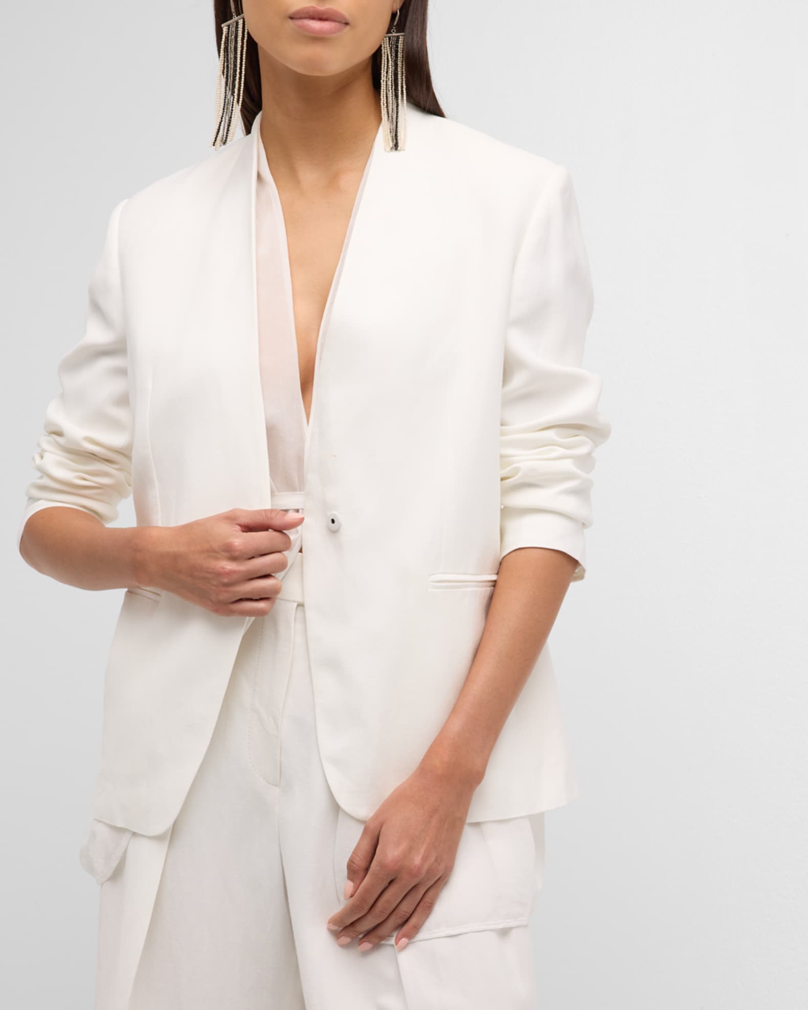 Brunello Cucinelli Linen-Blend Blazer Jacket with Crispy Organza ...