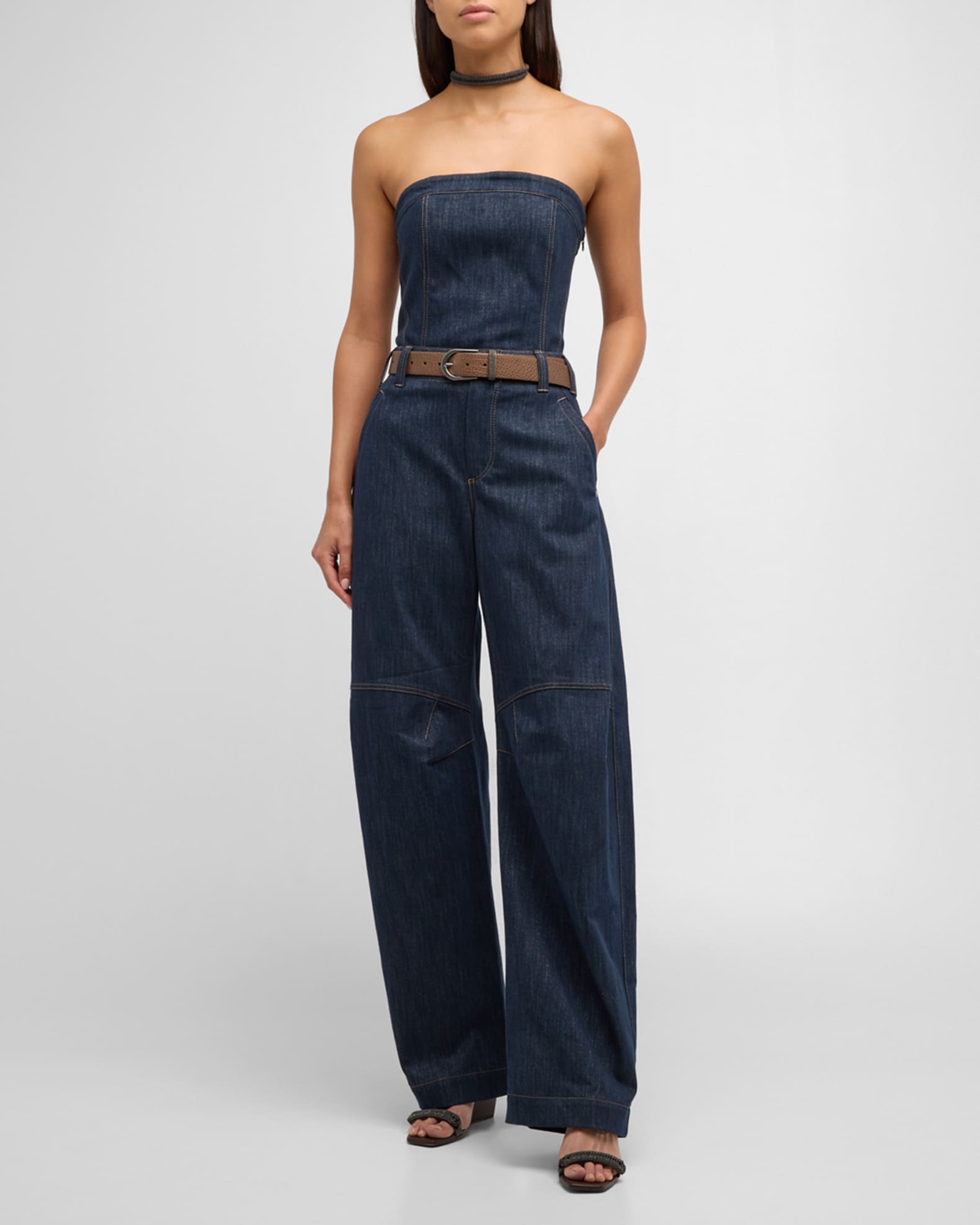 Brunello Cucinelli Metallic Denim Strapless Corset Top | Neiman Marcus