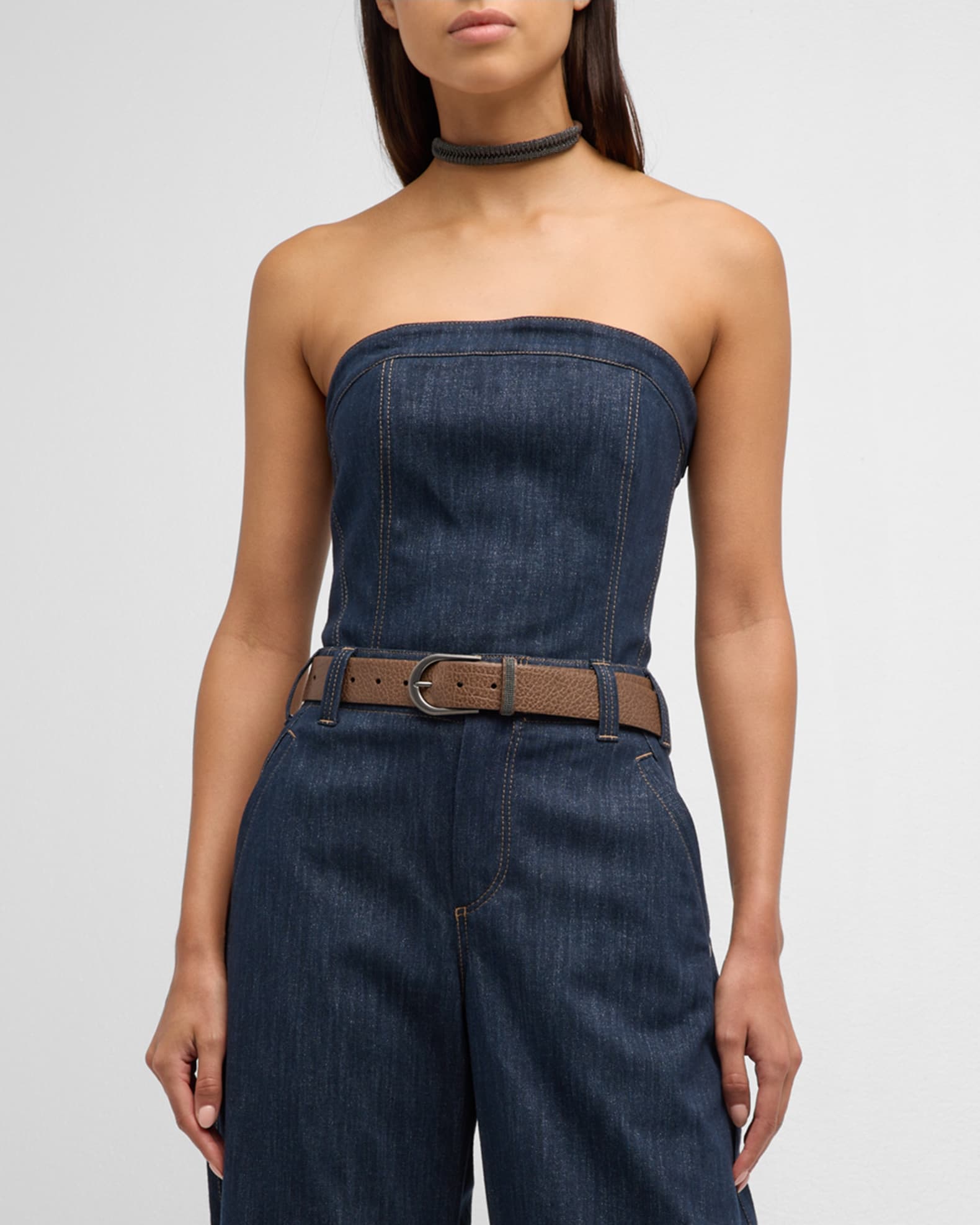 Brunello Cucinelli Metallic Denim Strapless Corset Top | Neiman Marcus