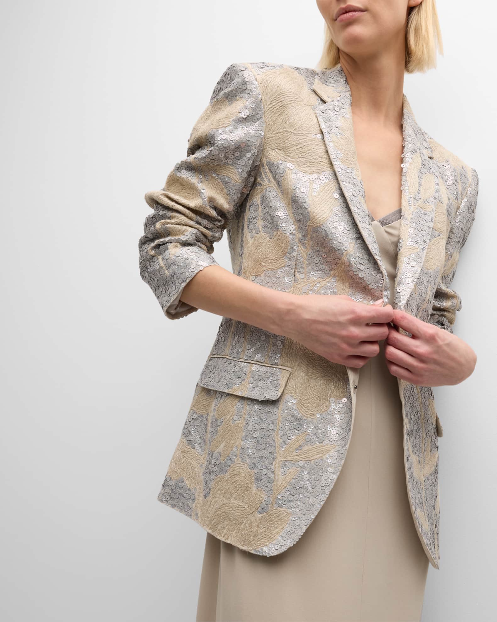 Brunello Cucinelli Paillette Magnolia Embroidered Single-Breasted ...