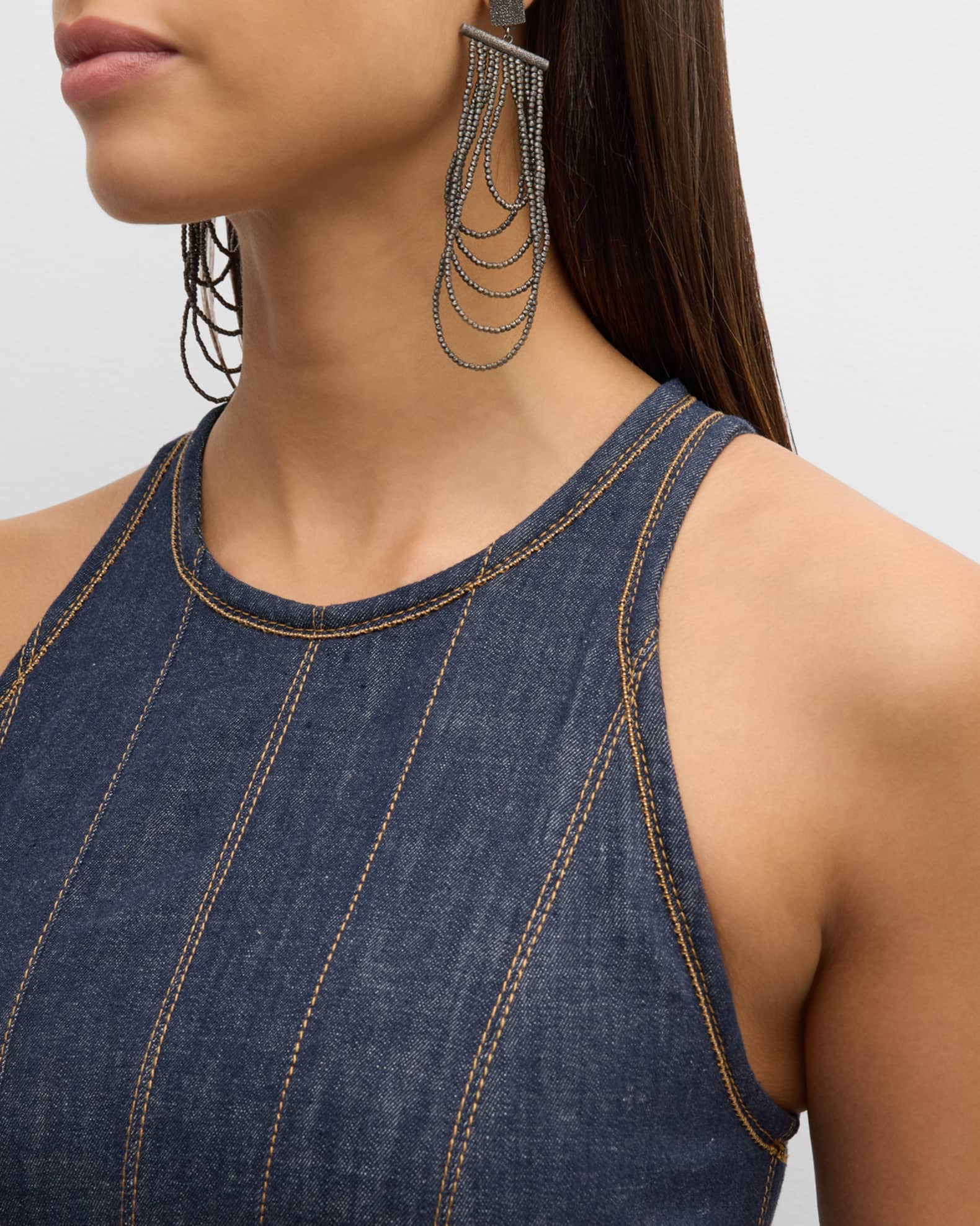 Brunello Cucinelli Glossy Denim Structured Midi Dress with Contrast ...