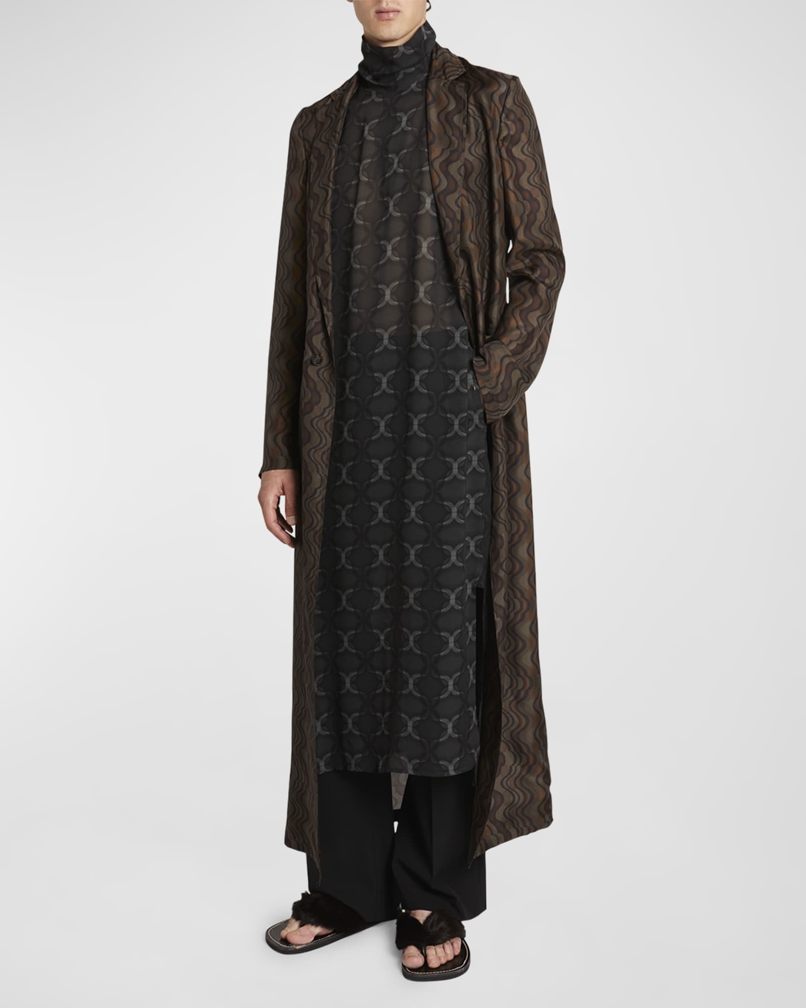 Dries Van Noten Men's Redwood Patterned Silk Overcoat | Neiman Marcus