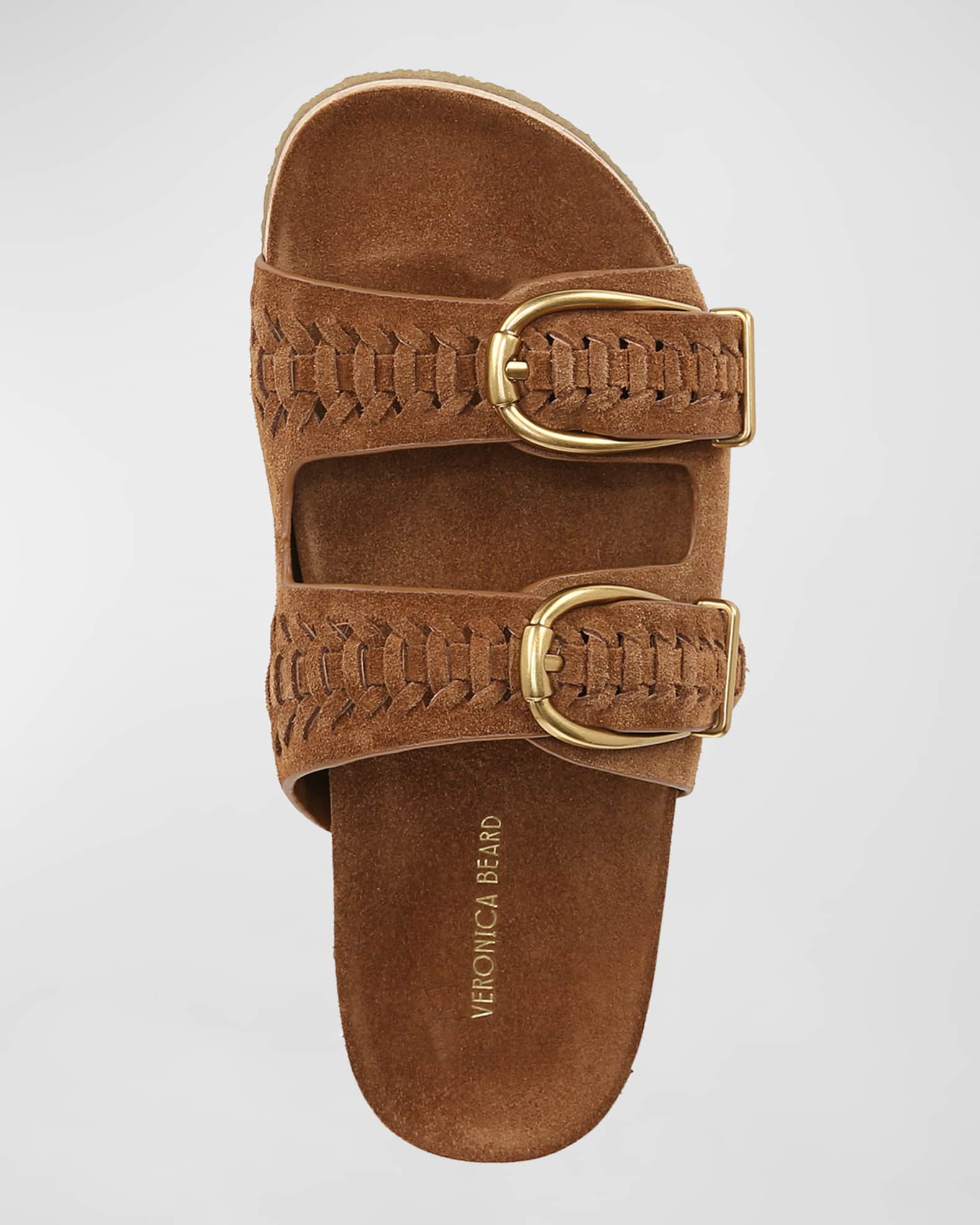 Veronica Beard Paige Woven Suede Dual-Buckle Slide Sandals | Neiman Marcus