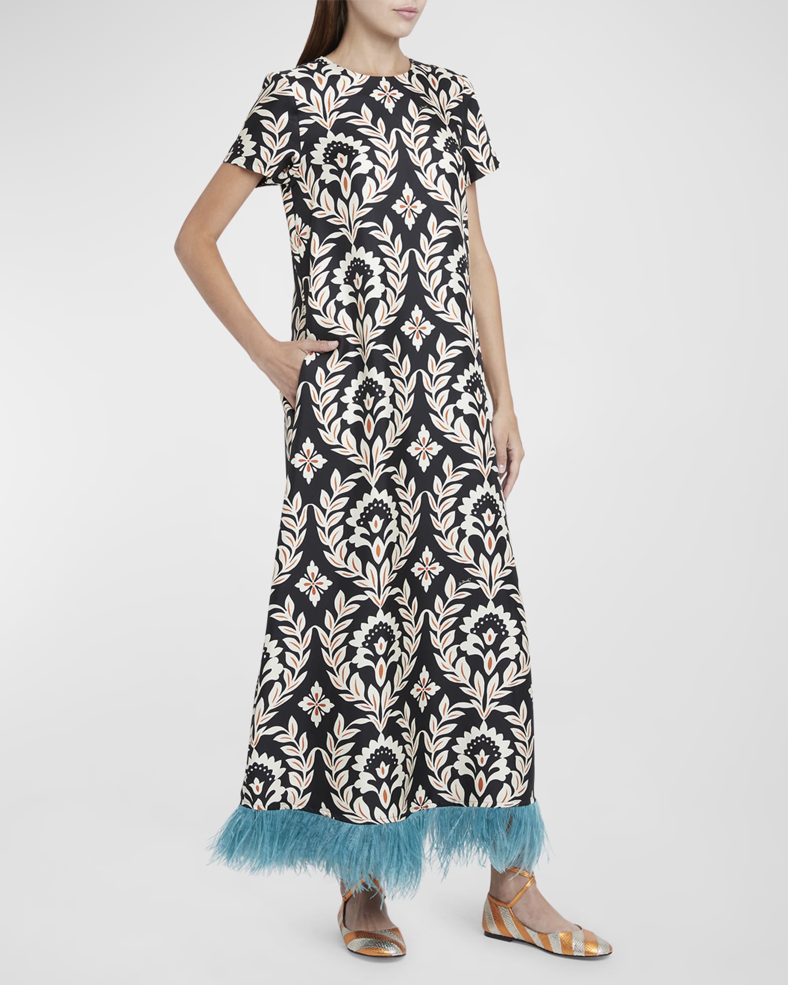 La DoubleJ Short-Sleeve Swing Dress with Feathers | Neiman Marcus