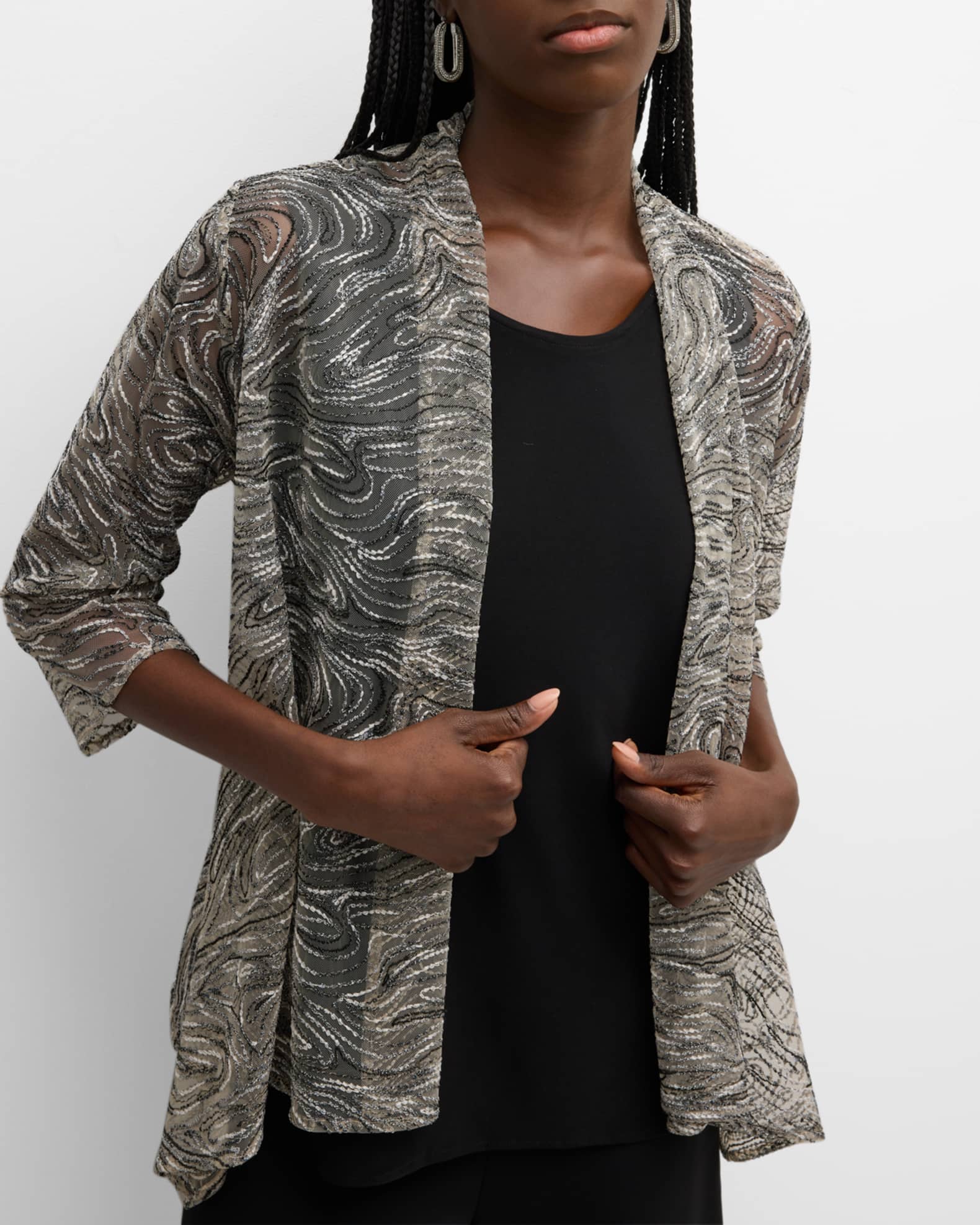 Caroline Rose Embroidered Open-Front Mesh Swing Cardigan | Neiman Marcus