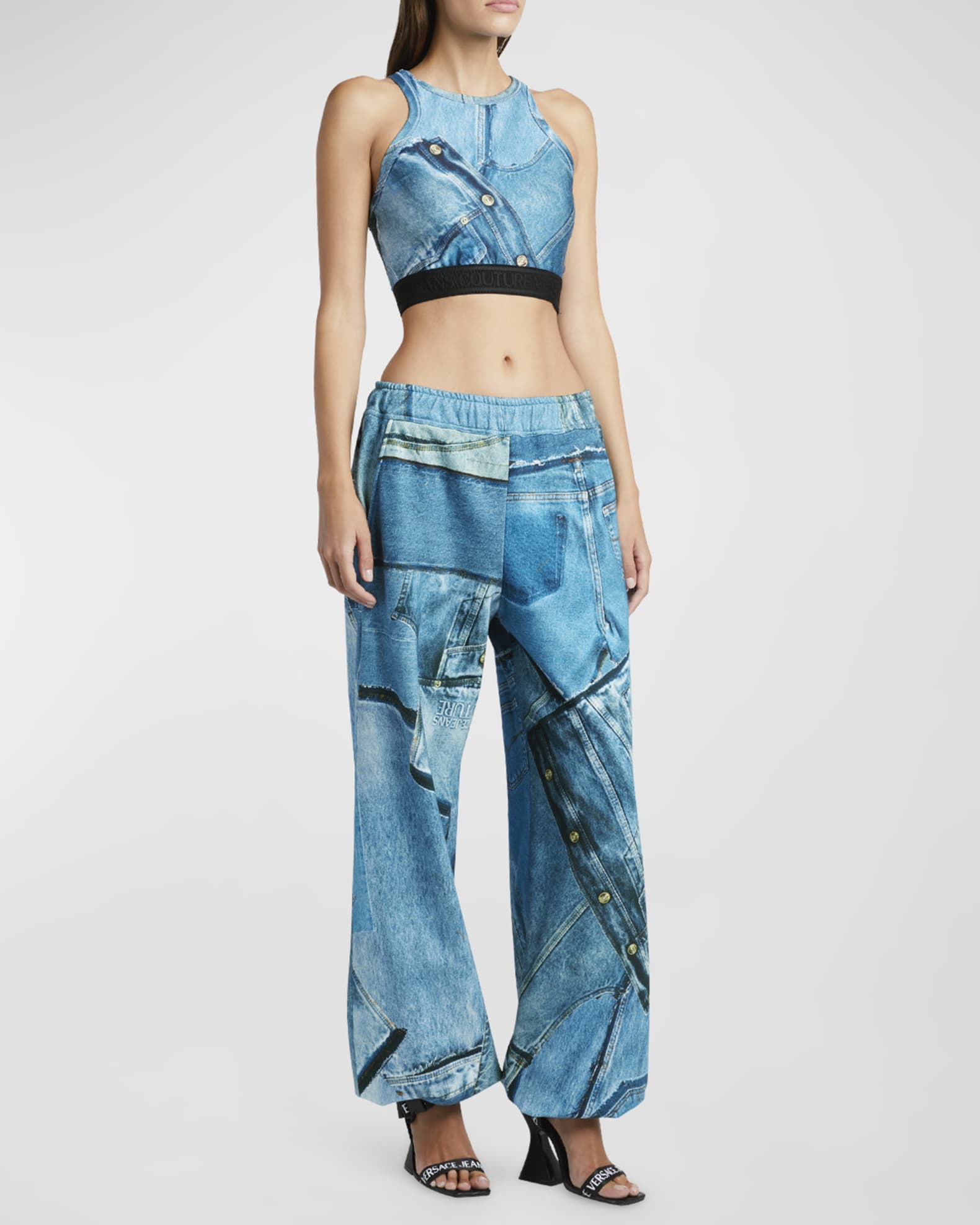 Versace Jeans Couture Denim-Print Logo Band Crop Top | Neiman Marcus