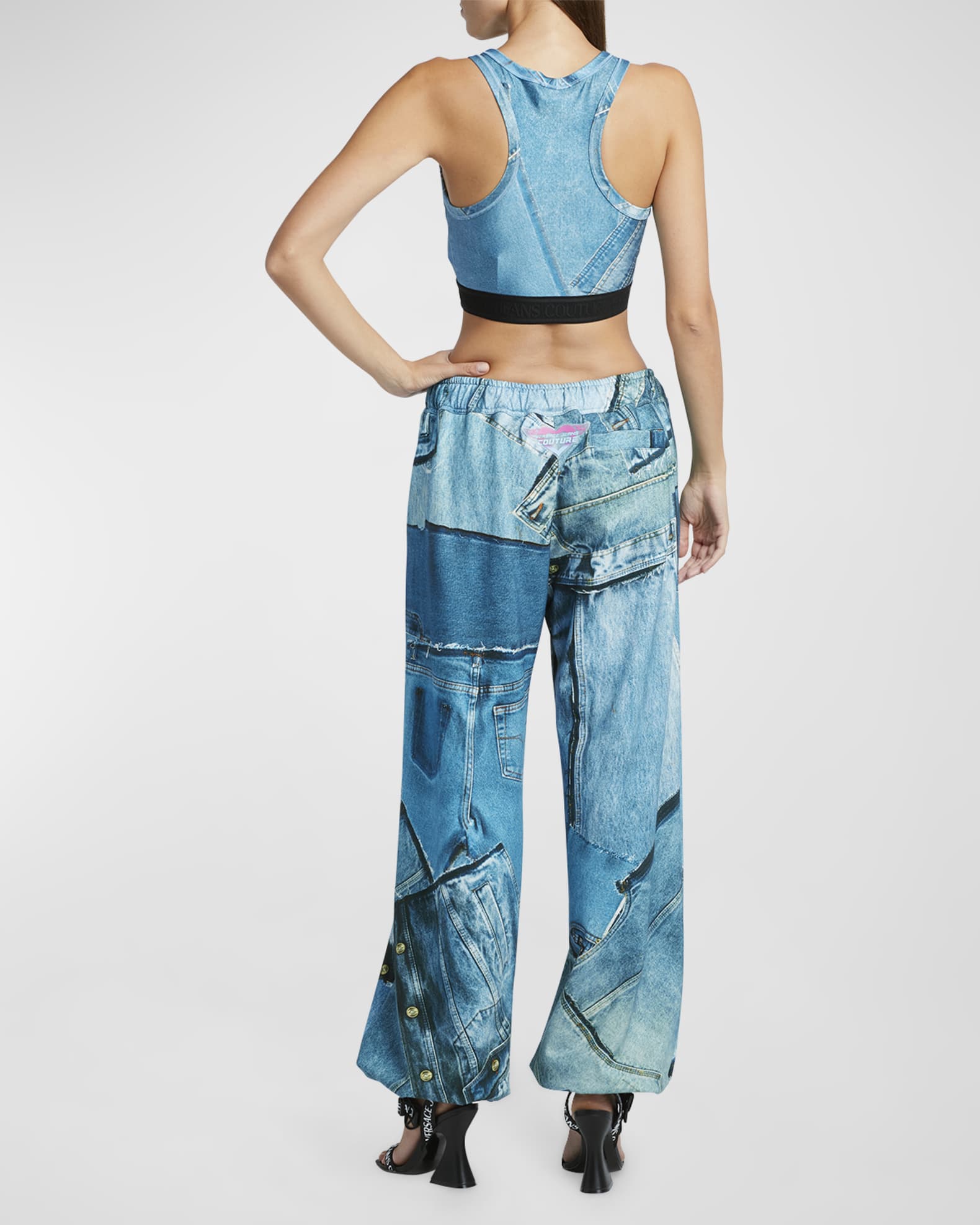 Versace Jeans Couture Denim-Print Logo Band Crop Top | Neiman Marcus