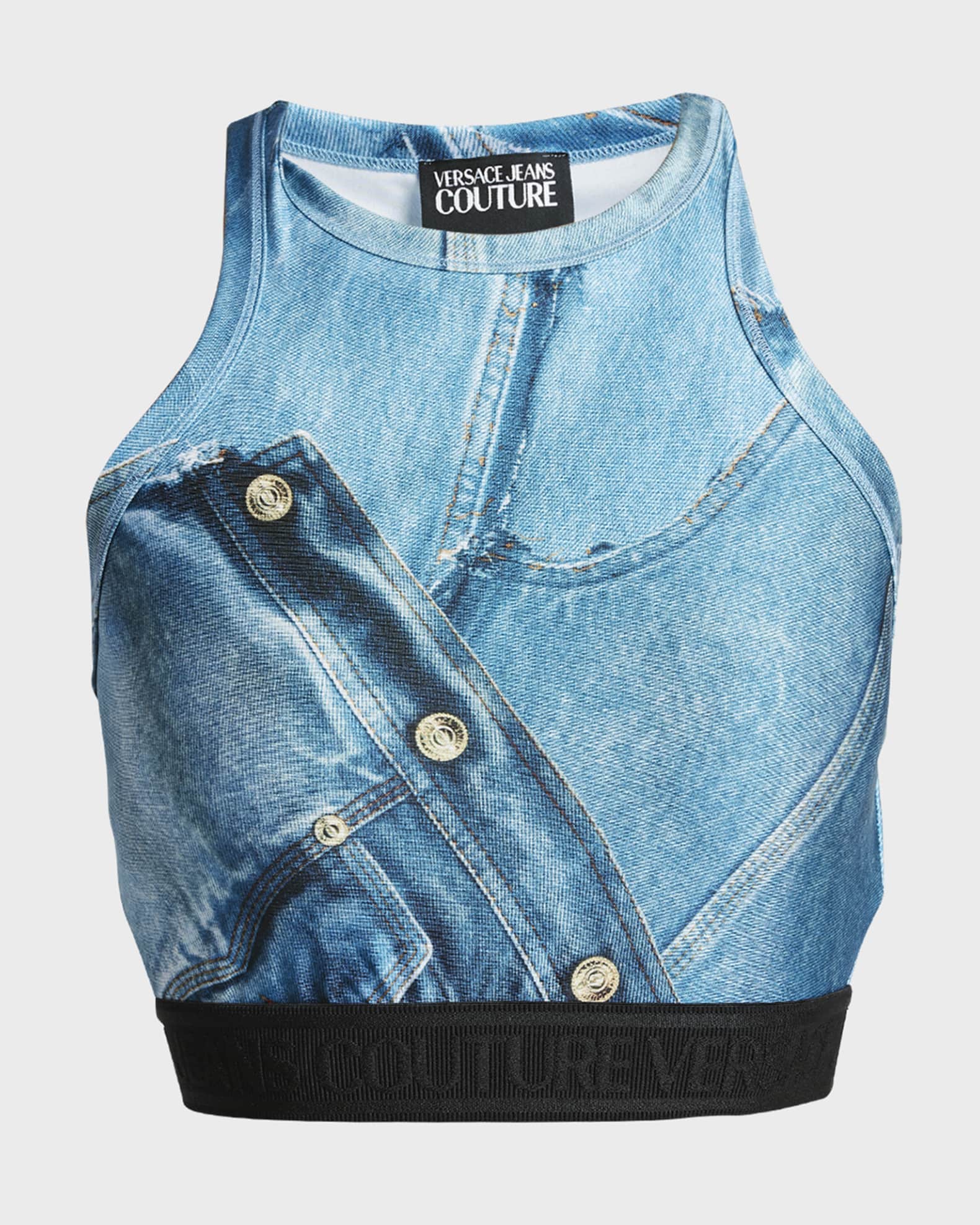 Versace Jeans Couture Denim-Print Logo Band Crop Top | Neiman Marcus