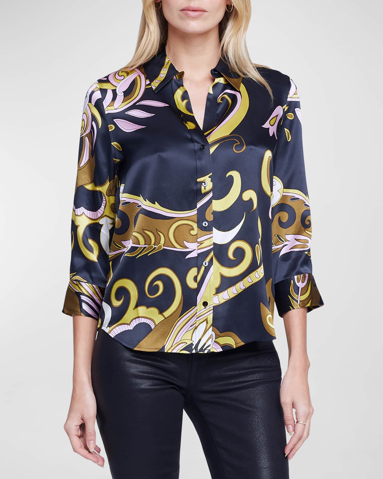 L'Agence Dani Swirl-Printed Silk Blouse | Neiman Marcus