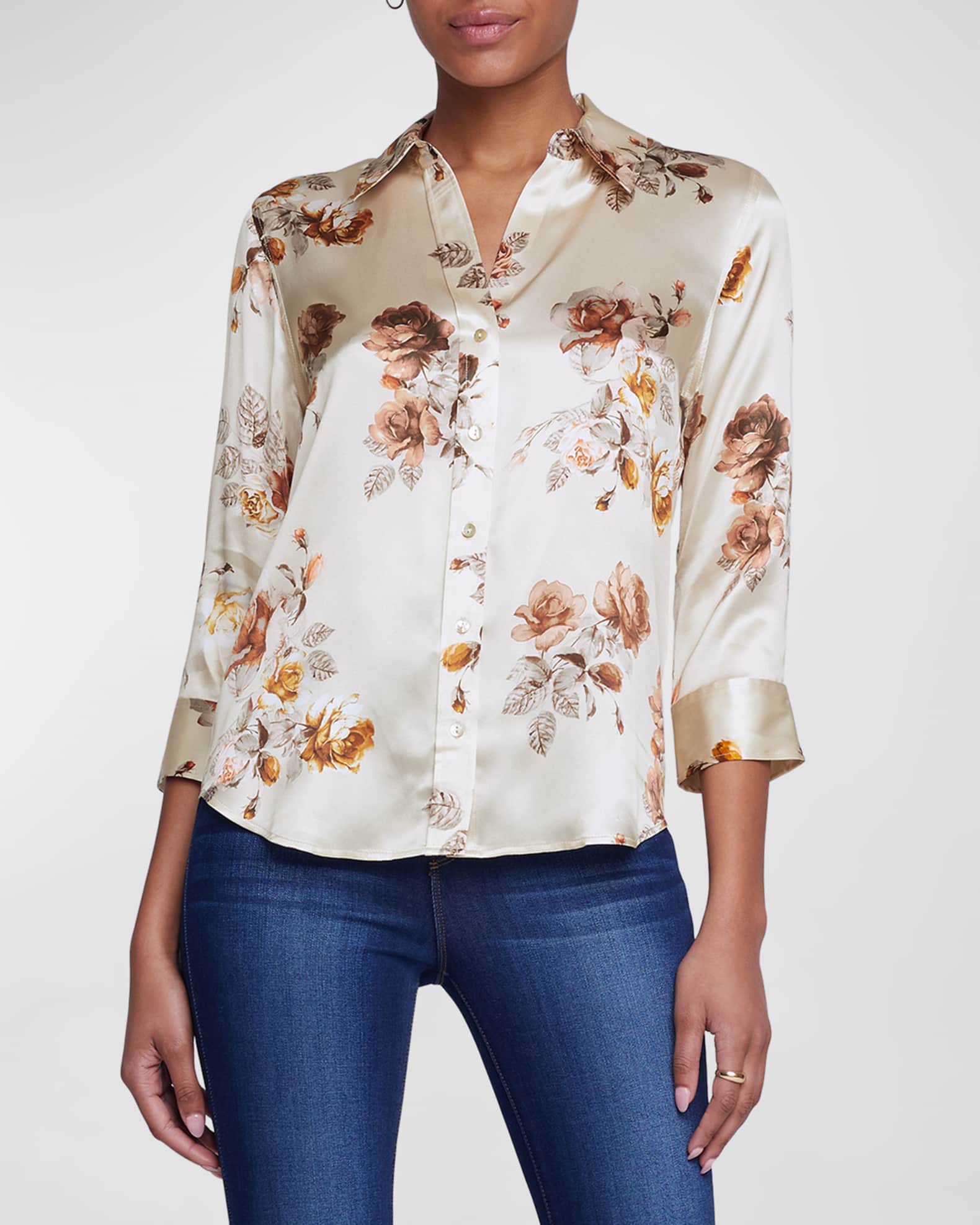 L'Agence Dani Floral-Print Silk Shirt | Neiman Marcus