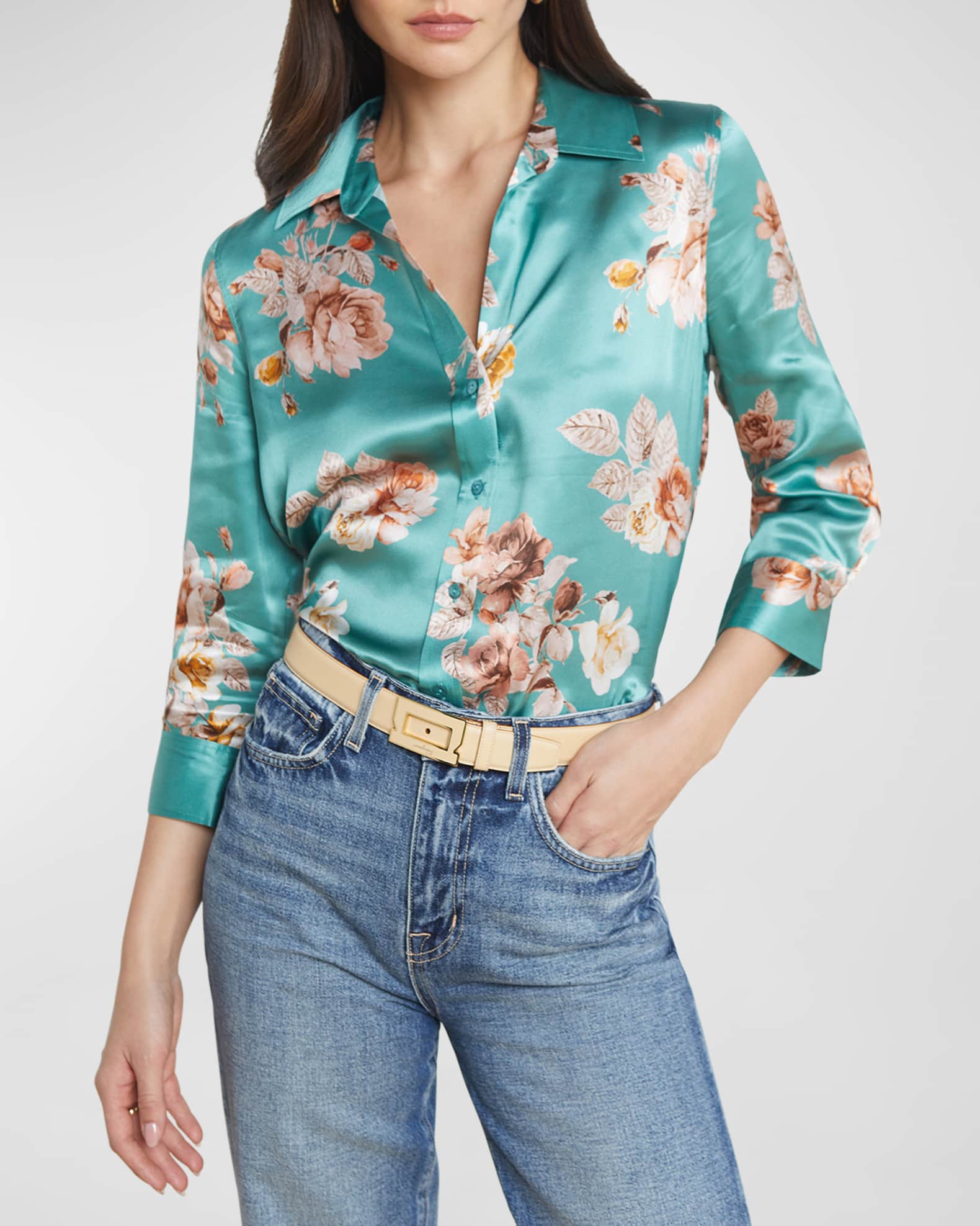 L'Agence Dani Floral-Print Silk Shirt | Neiman Marcus