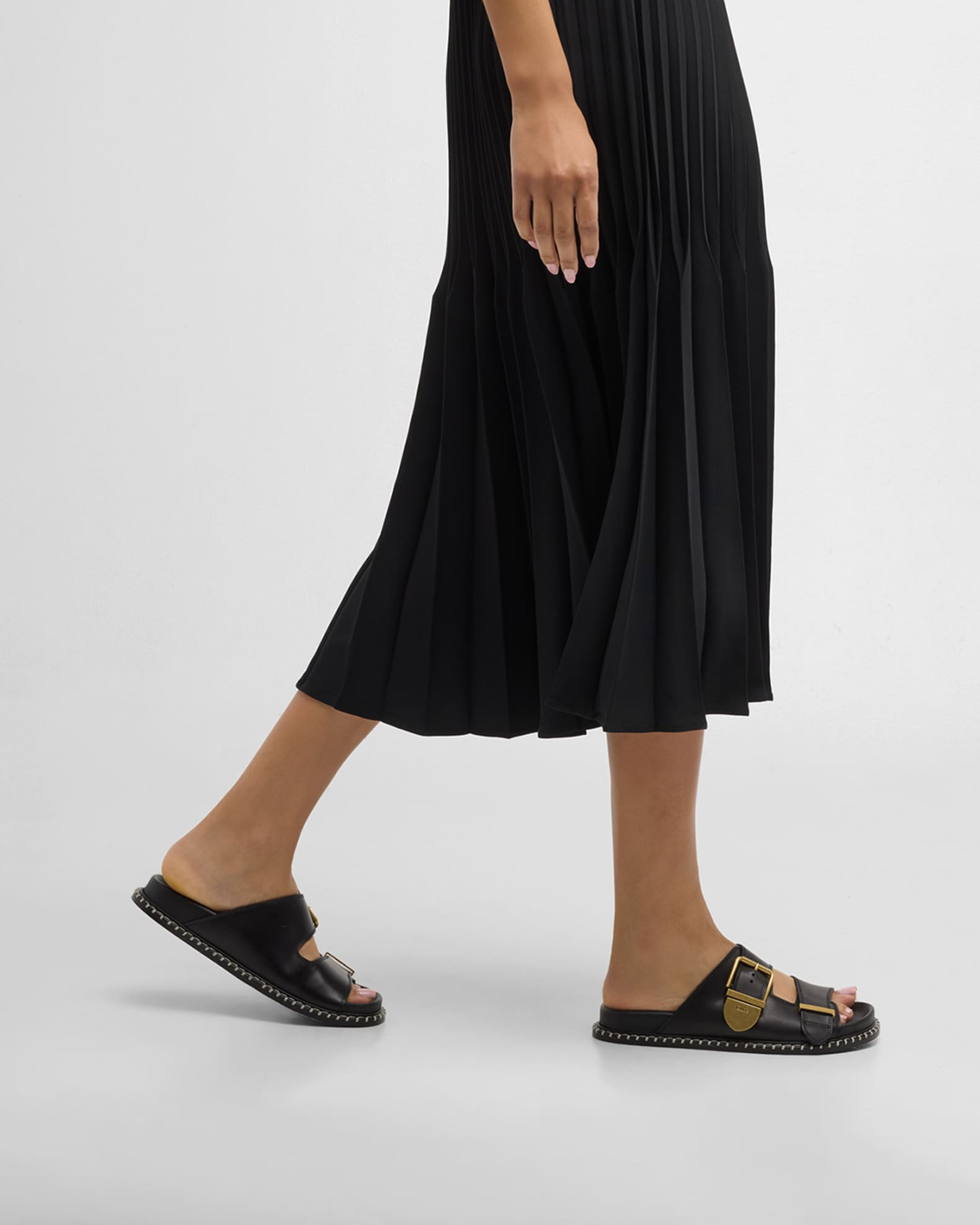 Chloe Rebecca Leather Dual Buckle Slide Sandals | Neiman Marcus