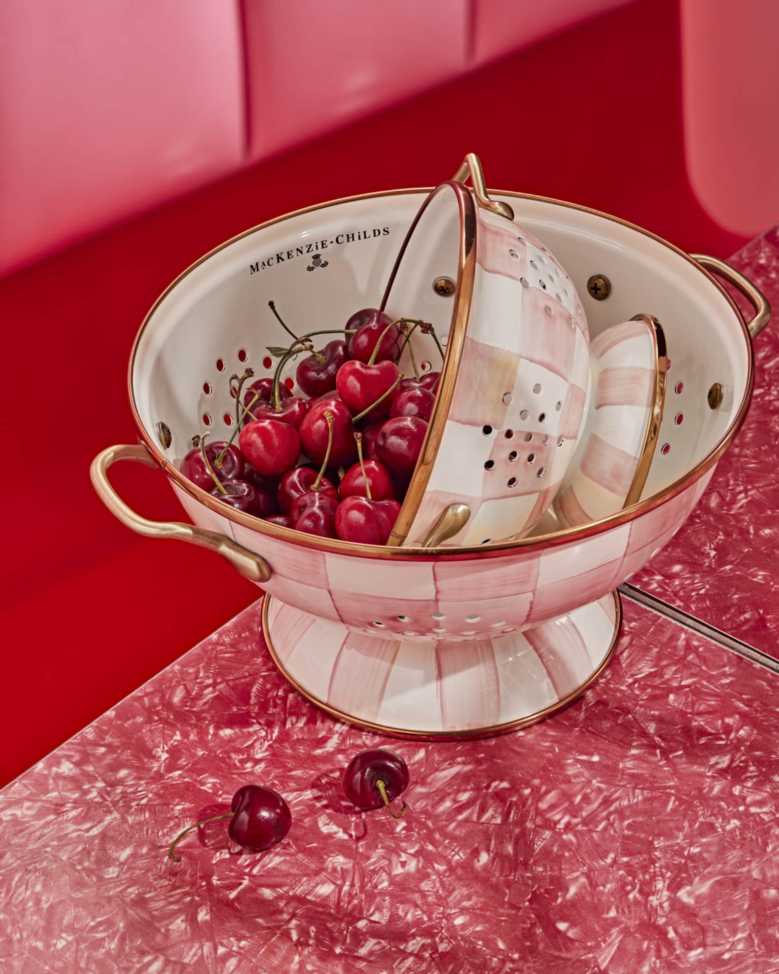 MacKenzie-Childs Rosy Check Enamel Colander, Small | Neiman Marcus
