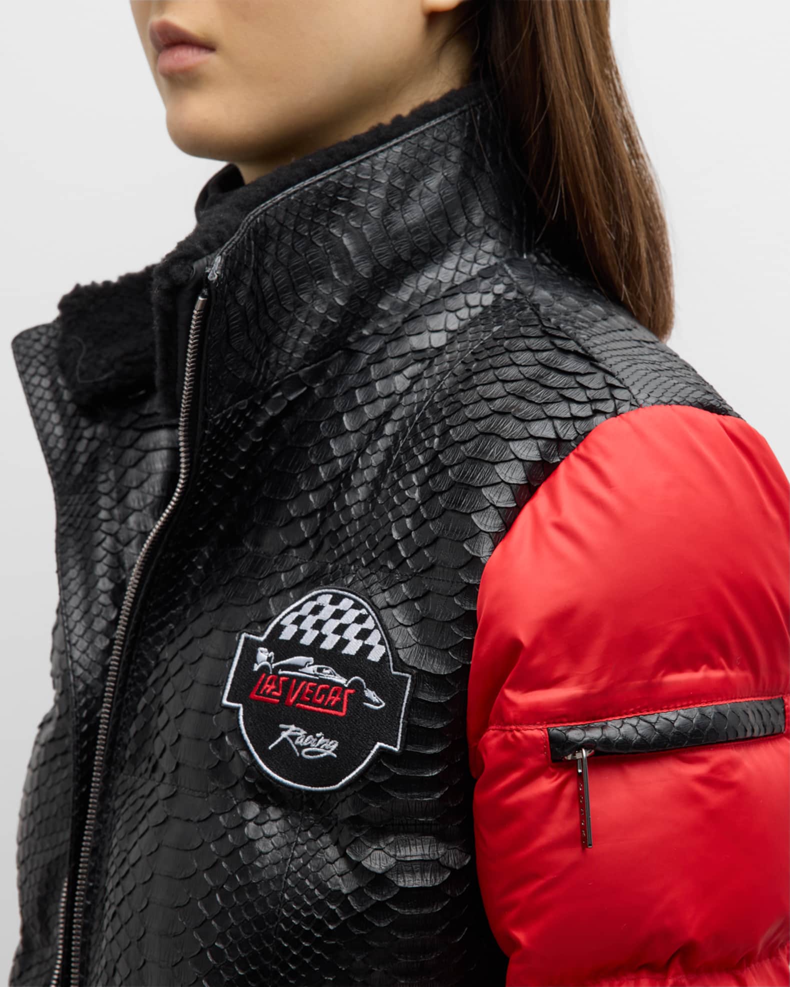 Gorski Shearling-Trim Down-Filled Python Bomber Jacket | Neiman Marcus