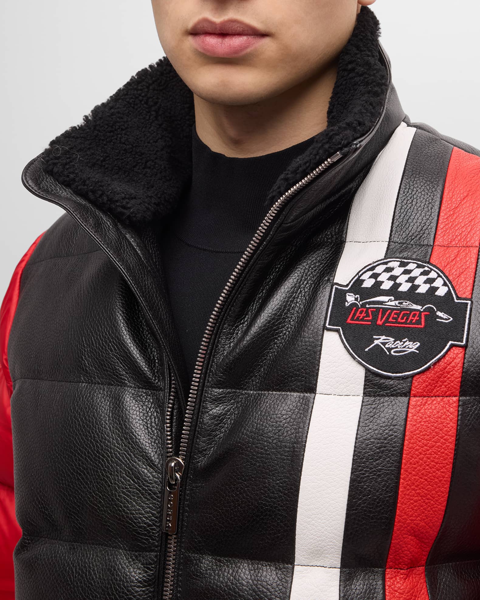 Gorski Men's Lamb Shearling-Trim Leather Racing Puffer Jacket | Neiman ...